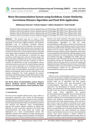 Music Recommendation System using Euclidean, Cosine Similarity, Correlation Distance Algorithm ...