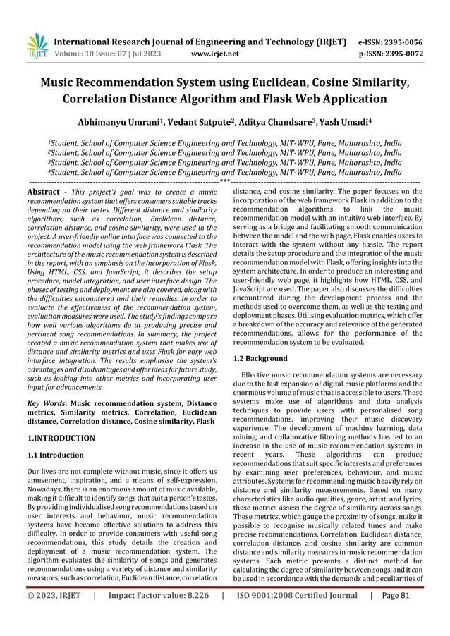 Music Recommendation System using Euclidean, Cosine Similarity, Correlation Distance Algorithm ...