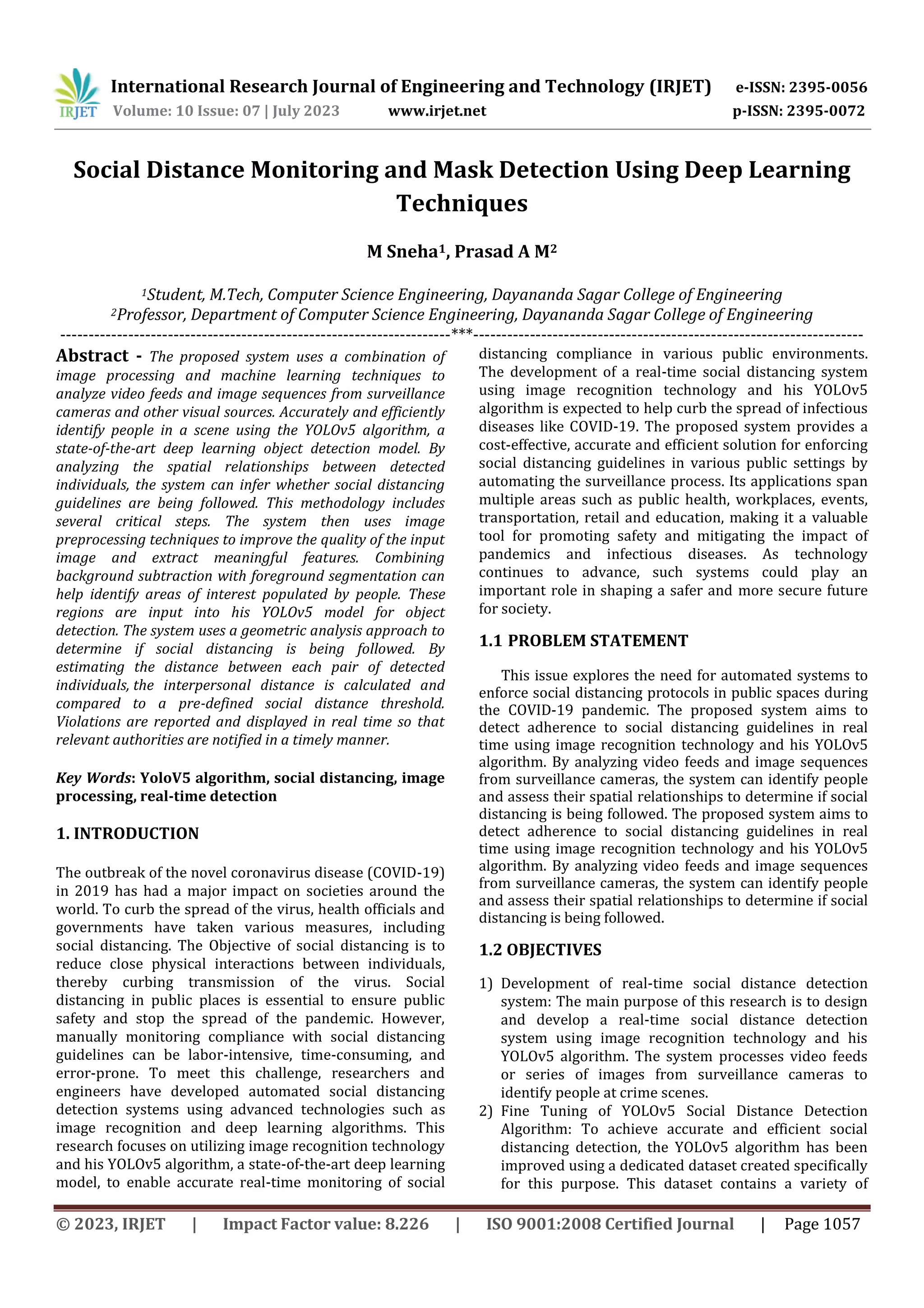 Social Distance Monitoring and Mask Detection Using Deep Learning Techniques | PDF