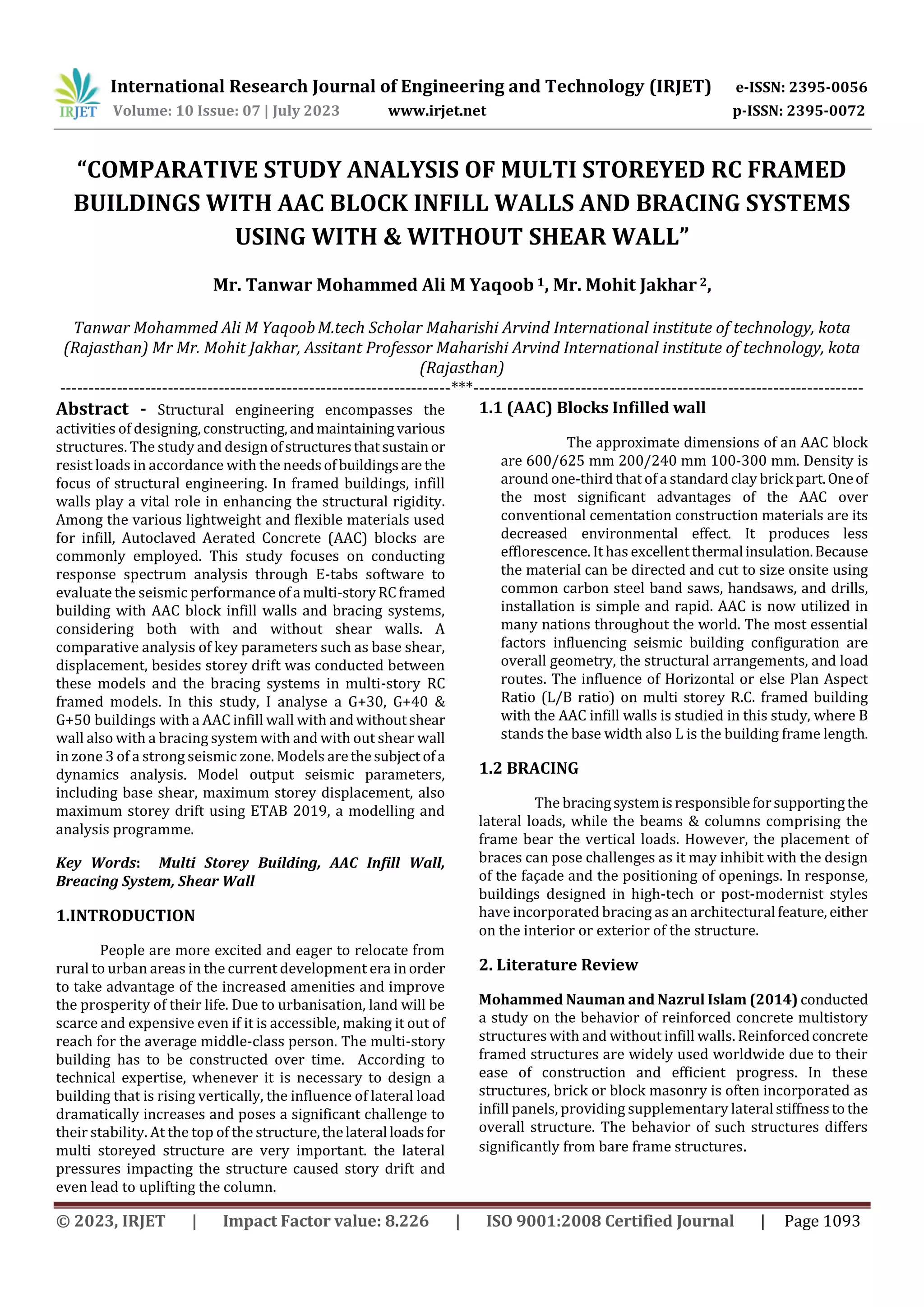 “COMPARATIVE STUDY ANALYSIS OF MULTI STOREYED RC FRAMED BUILDINGS WITH AAC BLOCK INFILL WALLS ...