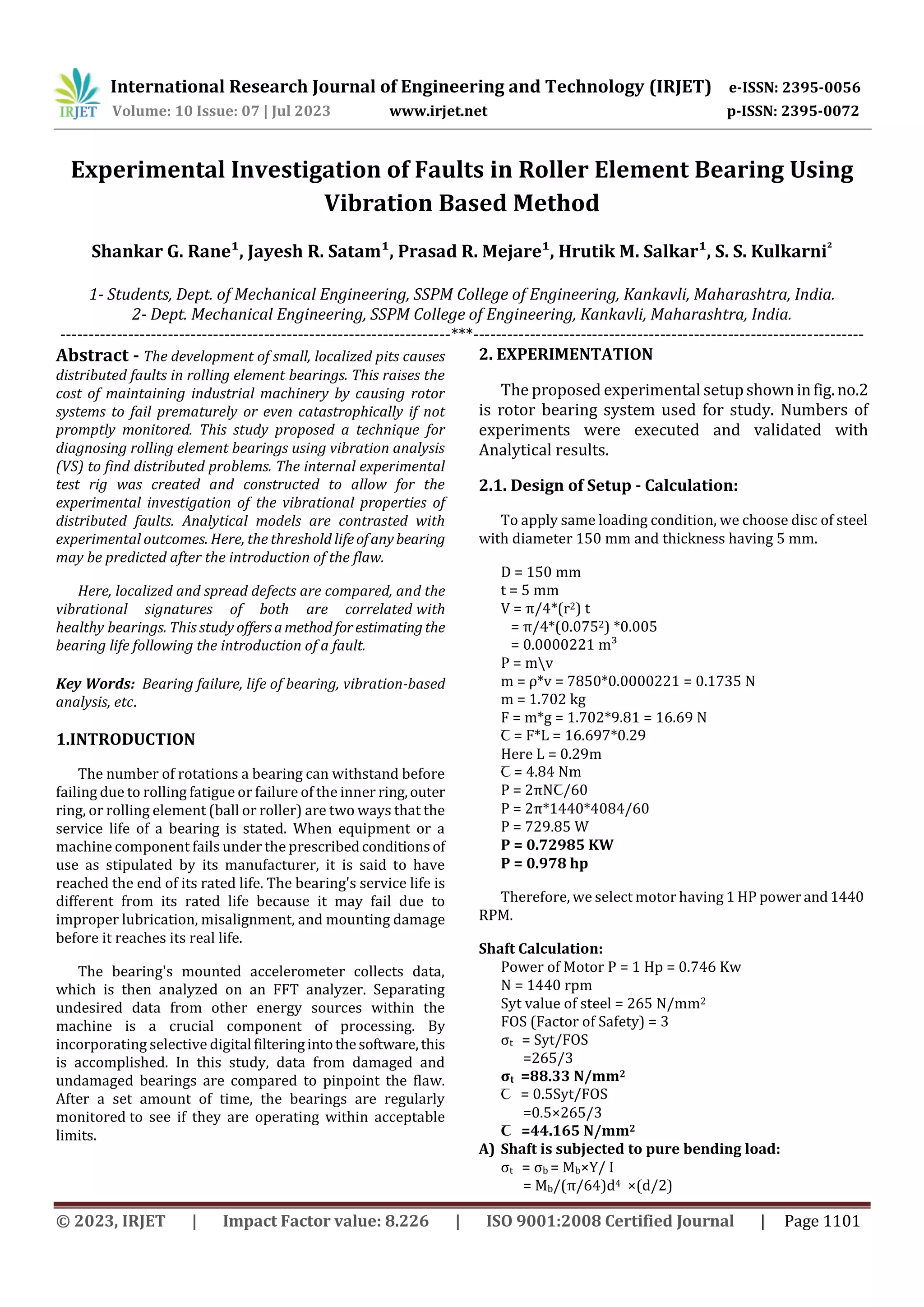 Experimental Investigation of Faults in Roller Element Bearing Using Vibration Based Method | PDF