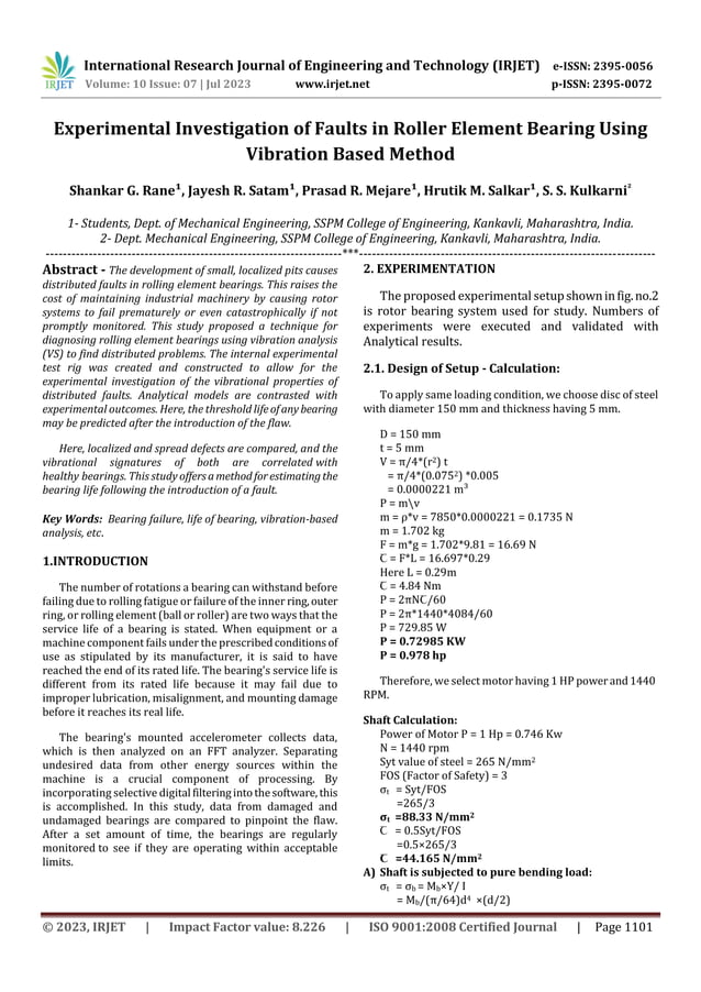 Experimental Investigation of Faults in Roller Element Bearing Using Vibration Based Method | PDF