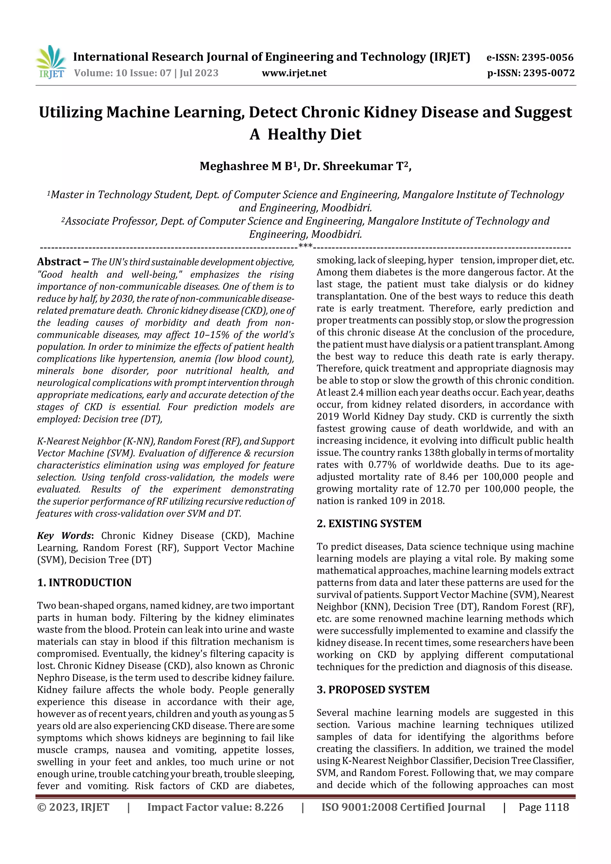 Utilizing Machine Learning, Detect Chronic Kidney Disease and Suggest A Healthy Diet | PDF