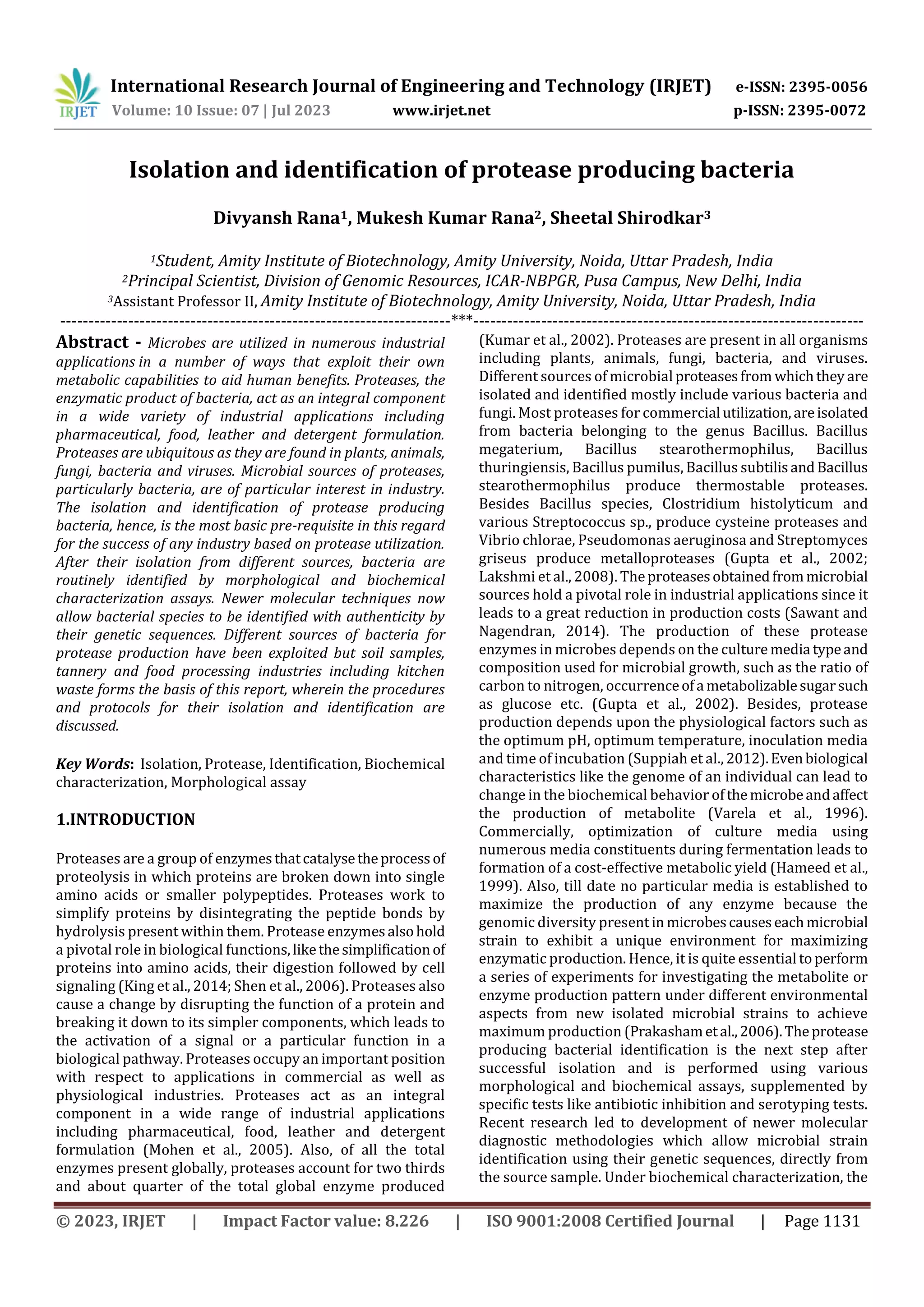 Isolation and identification of protease producing bacteria | PDF