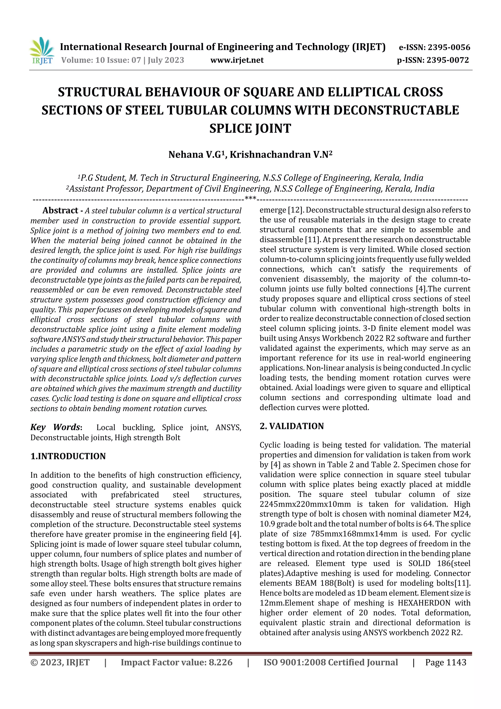 STRUCTURAL BEHAVIOUR OF SQUARE AND ELLIPTICAL CROSS SECTIONS OF STEEL ...