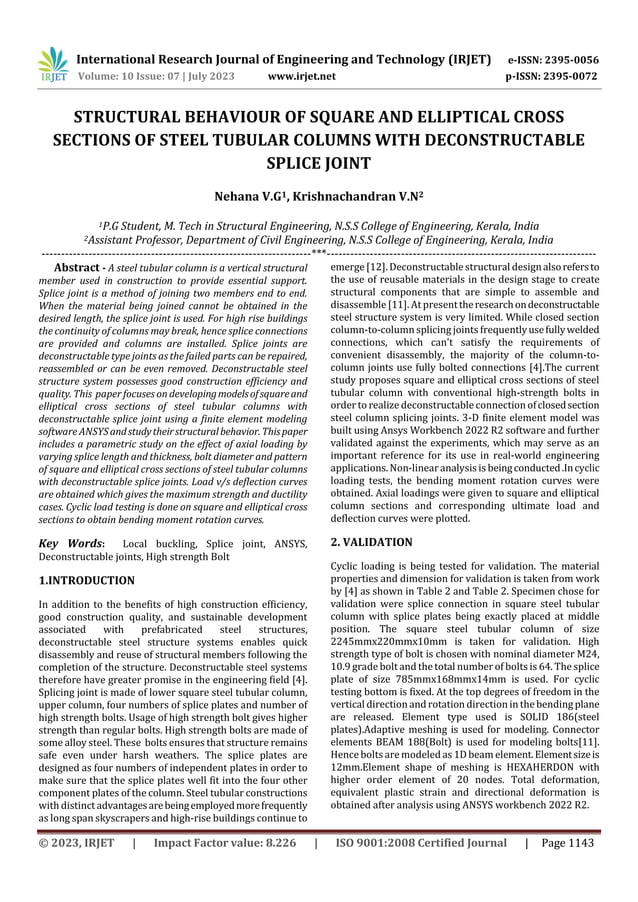 STRUCTURAL BEHAVIOUR OF SQUARE AND ELLIPTICAL CROSS SECTIONS OF STEEL ...