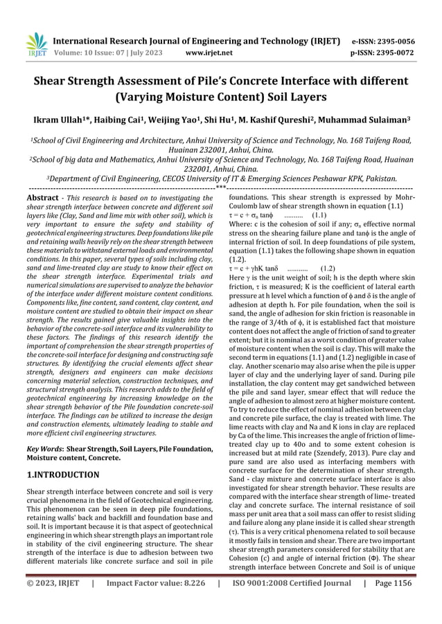 Shear Strength Assessment of Pile’s Concrete Interface with different (Varying Moisture Content ...