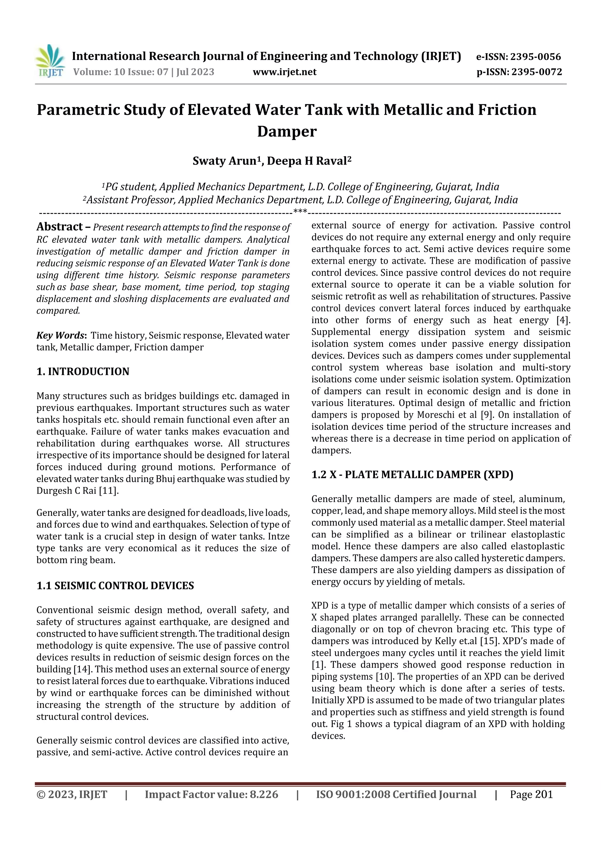 Parametric Study of Elevated Water Tank with Metallic and Friction ...