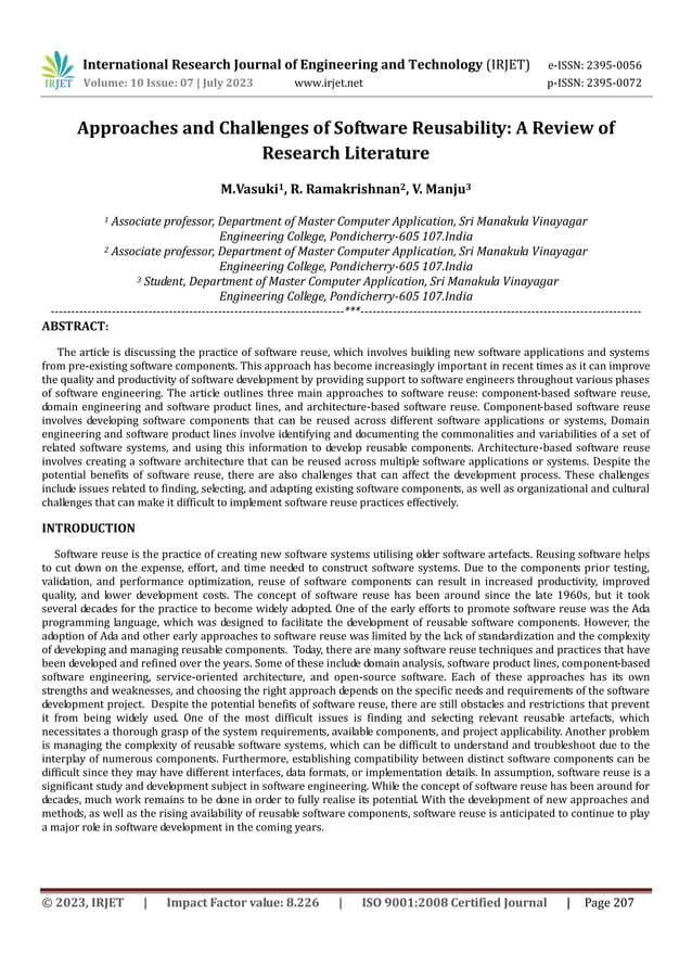 Approaches and Challenges of Software Reusability: A Review of Research Literature | PDF