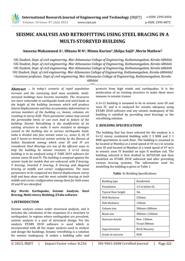 SEISMIC ANALYSIS AND RETROFITTING USING STEEL BRACING IN A MULTI-STOREYED BUILDING | PDF