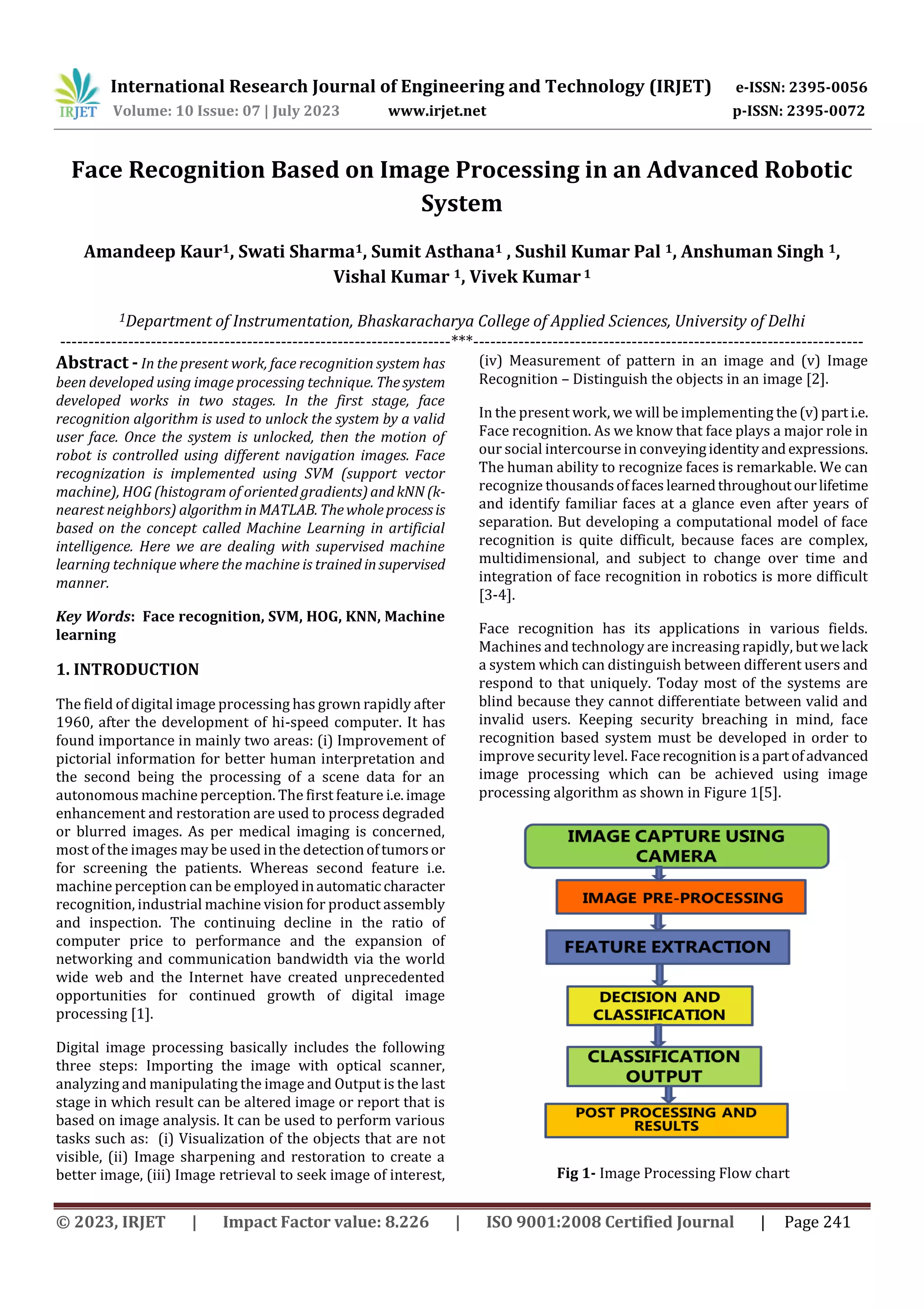 Face Recognition Based On Image Processing In An Advanced Robotic System Pdf
