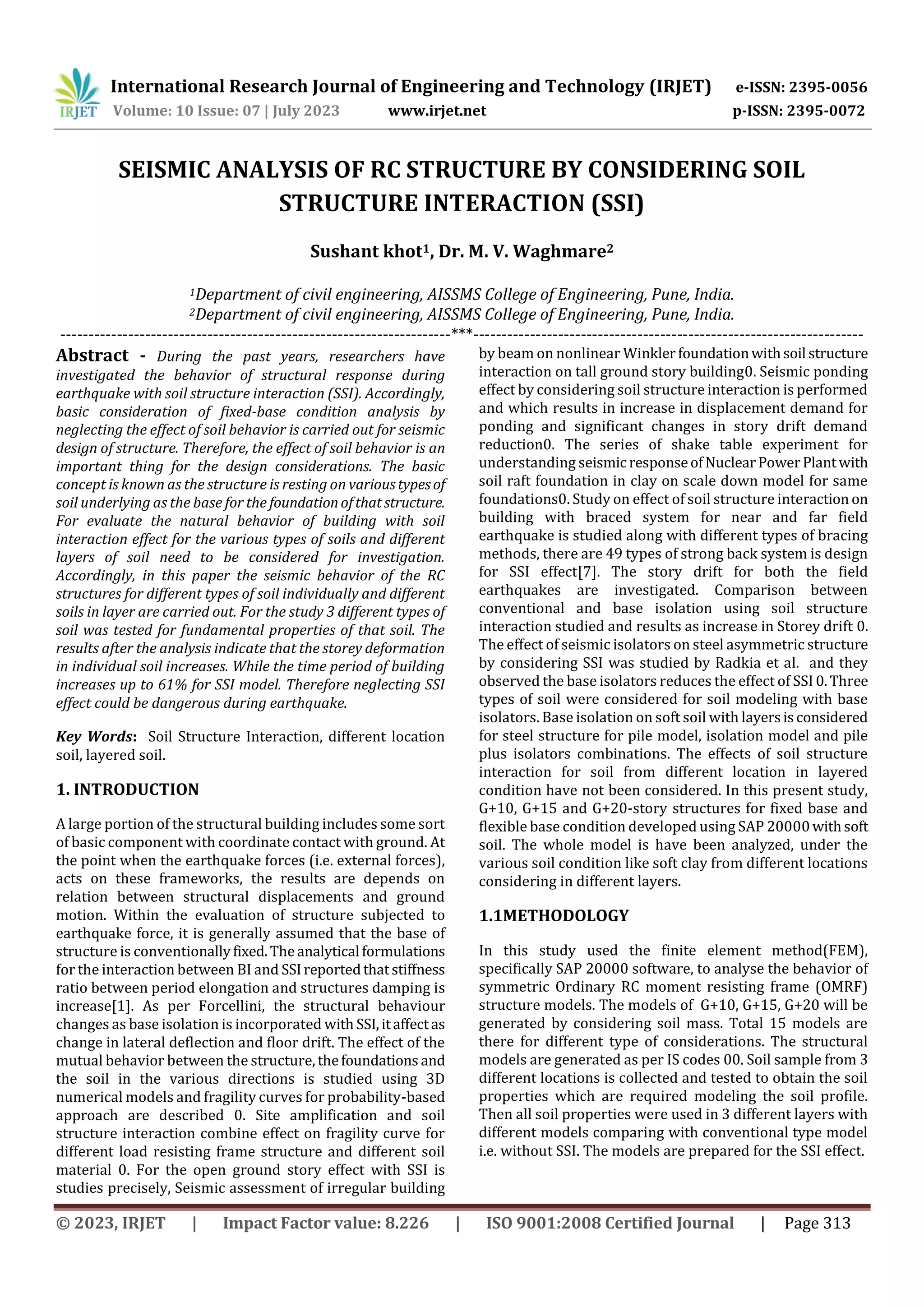 SEISMIC ANALYSIS OF RC STRUCTURE BY CONSIDERING SOIL STRUCTURE INTERACTION (SSI) | PDF