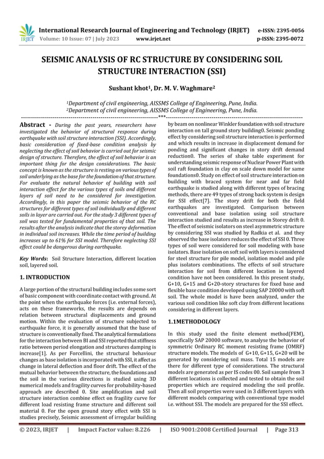 SEISMIC ANALYSIS OF RC STRUCTURE BY CONSIDERING SOIL STRUCTURE INTERACTION (SSI) | PDF