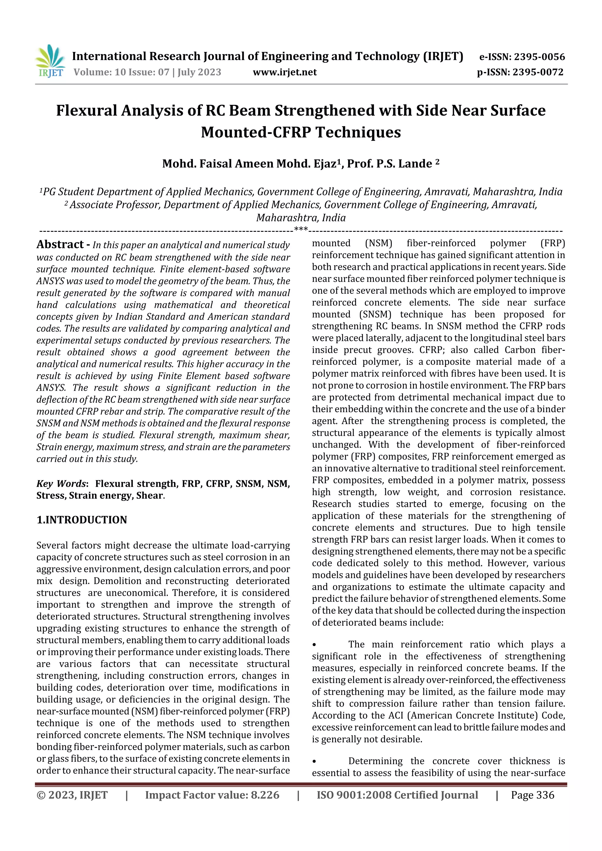 Flexural Analysis of RC Beam Strengthened with Side Near Surface Mounted-CFRP Techniques | PDF ...
