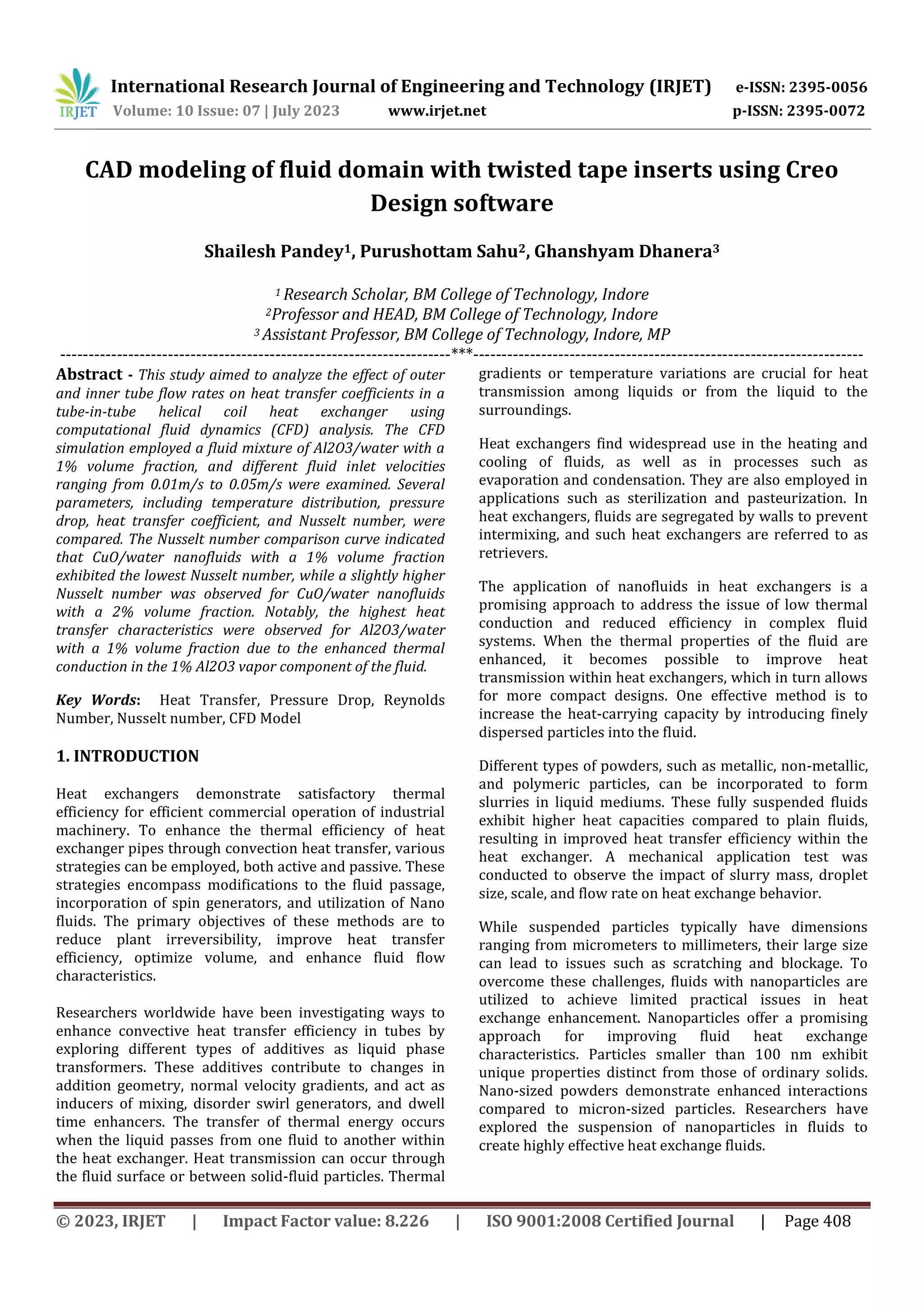 CAD modeling of fluid domain with twisted tape inserts using Creo Design software | PDF