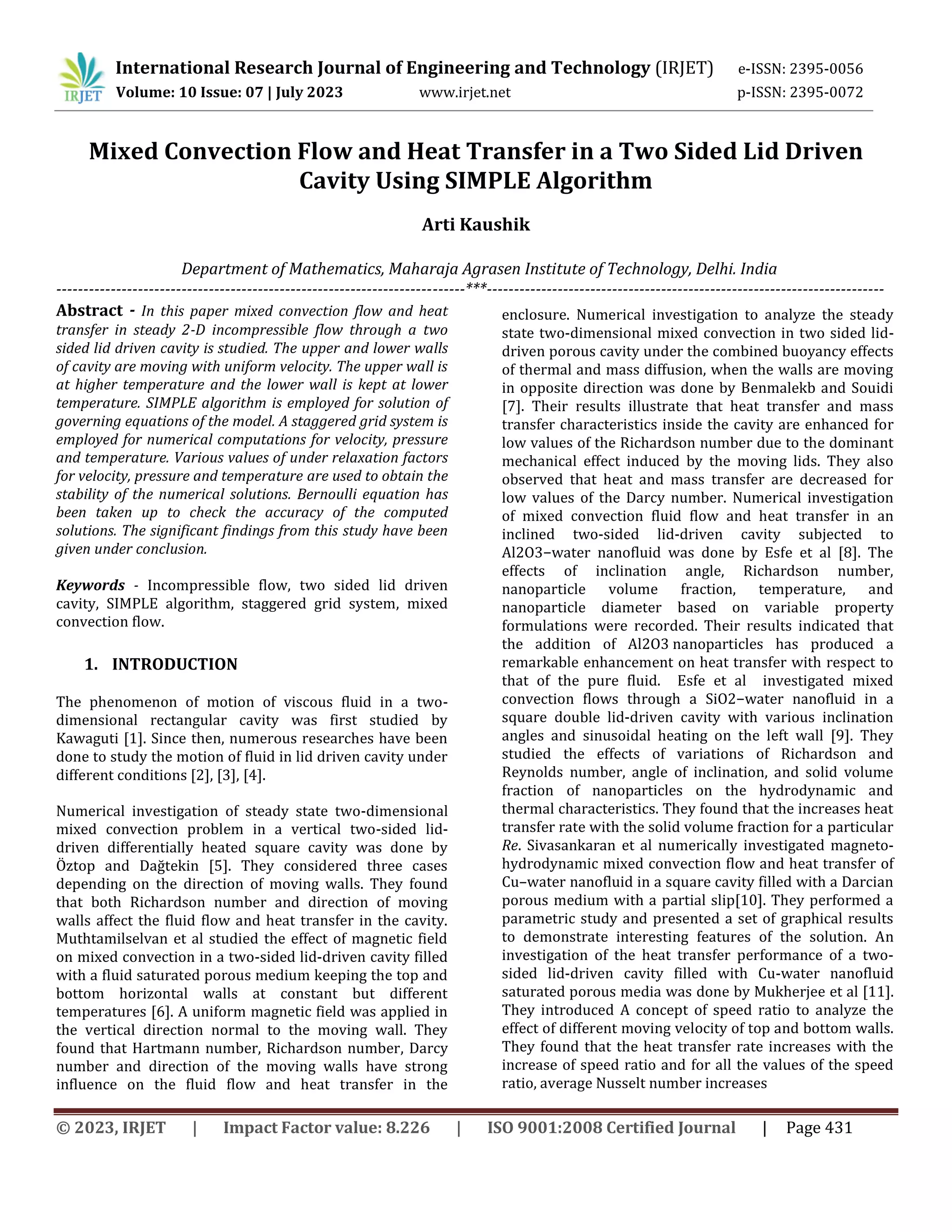 Mixed Convection Flow And Heat Transfer In A Two Sided Lid Driven Cavity Using Simple Algorithm