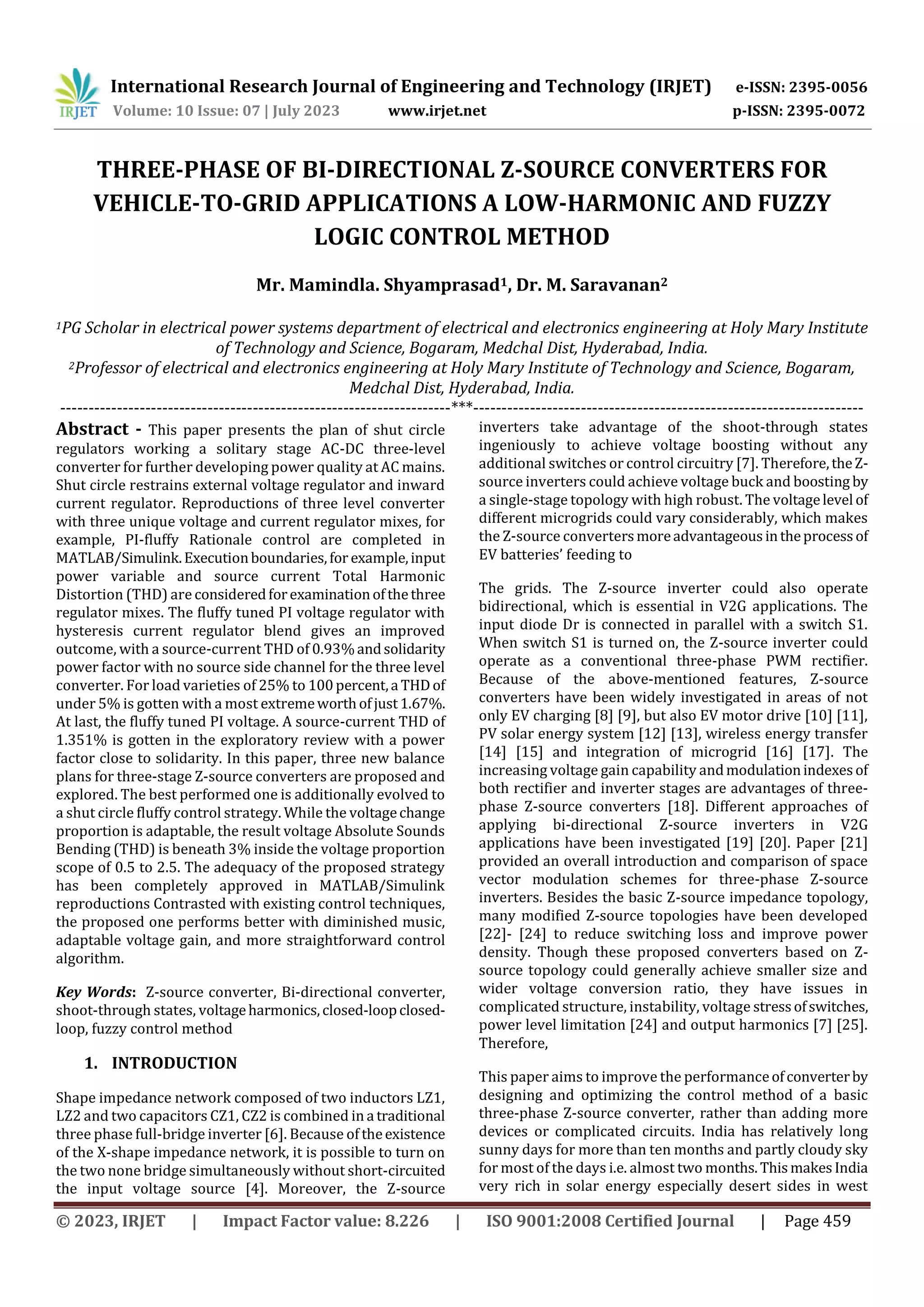 THREE-PHASE OF BI-DIRECTIONAL Z-SOURCE CONVERTERS FOR VEHICLE-TO-GRID ...