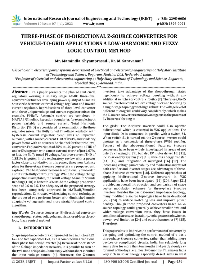 THREE-PHASE OF BI-DIRECTIONAL Z-SOURCE CONVERTERS FOR VEHICLE-TO-GRID APPLICATIONS A LOW ...
