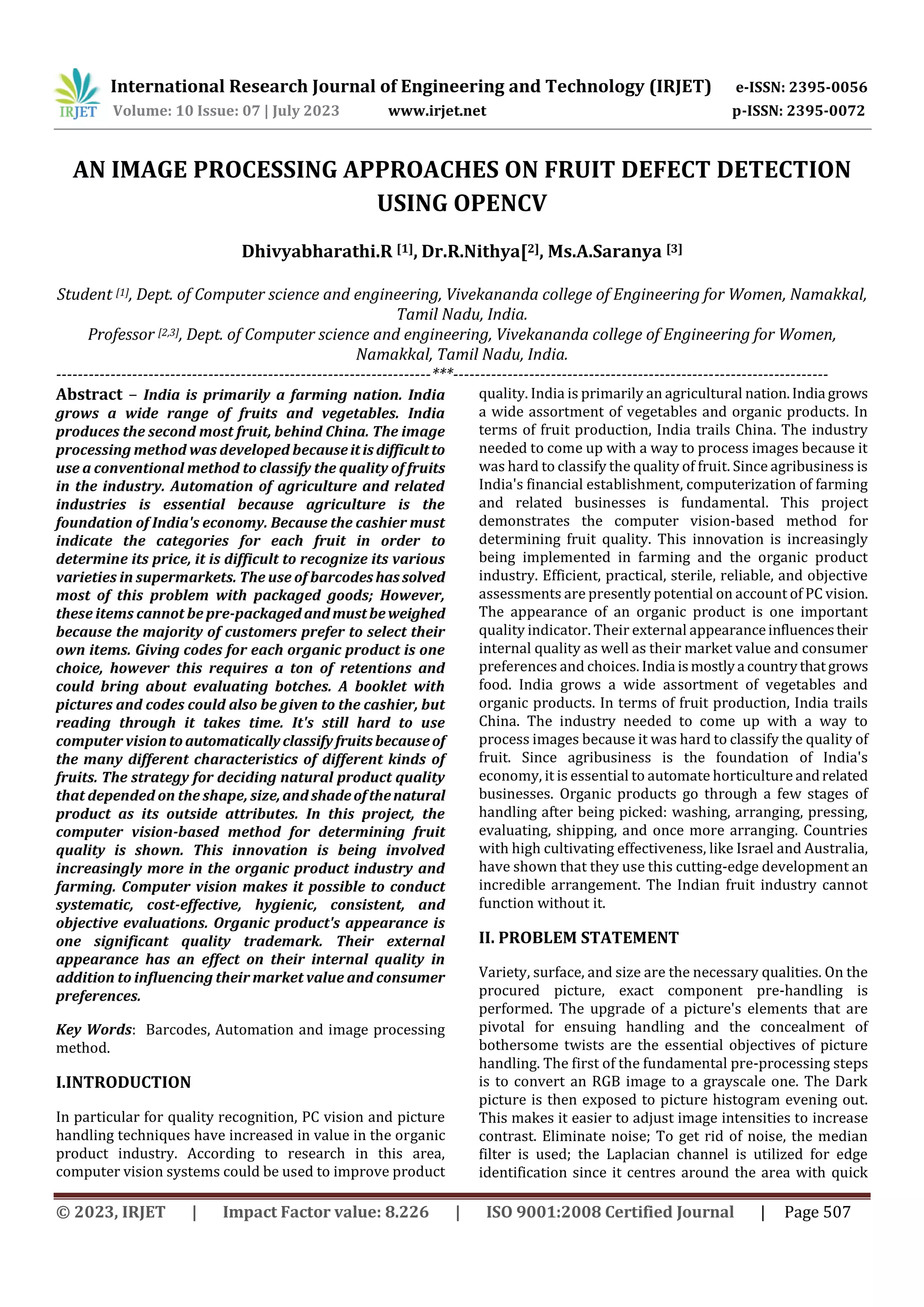 An Image Processing Approaches On Fruit Defect Detection Using Opencv Pdf