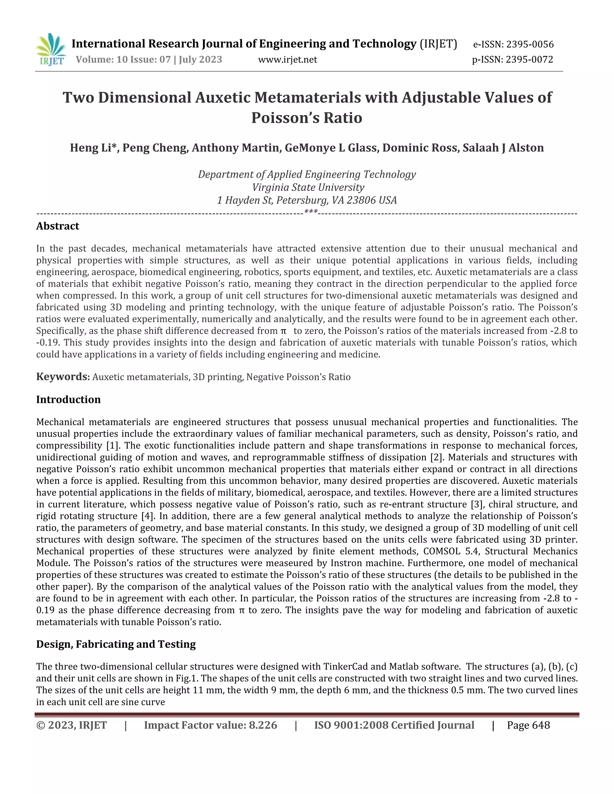 Two Dimensional Auxetic Metamaterials with Adjustable Values of Poisson’s Ratio | PDF