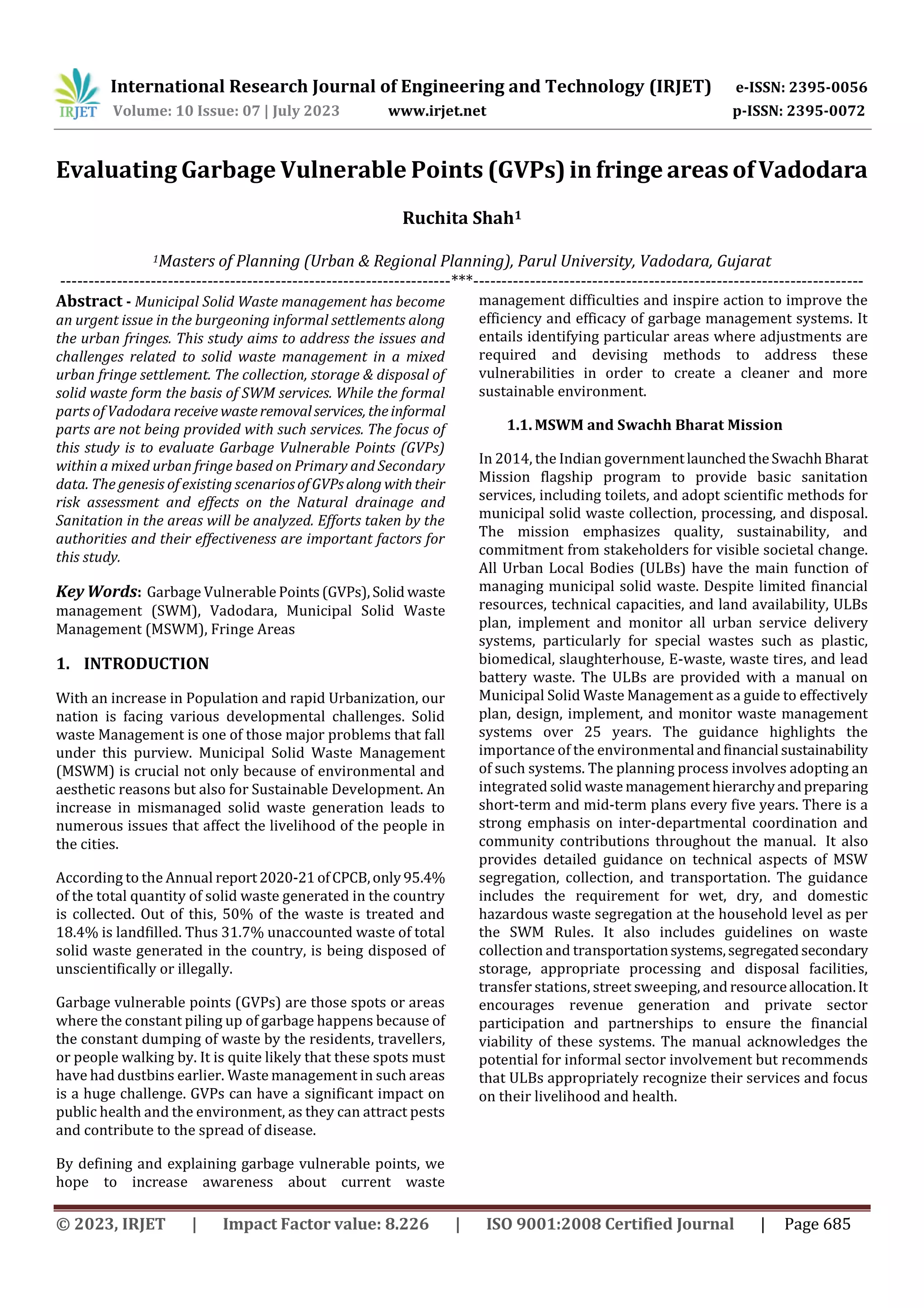Evaluating Garbage Vulnerable Points (GVPs) in fringe areas of Vadodara ...
