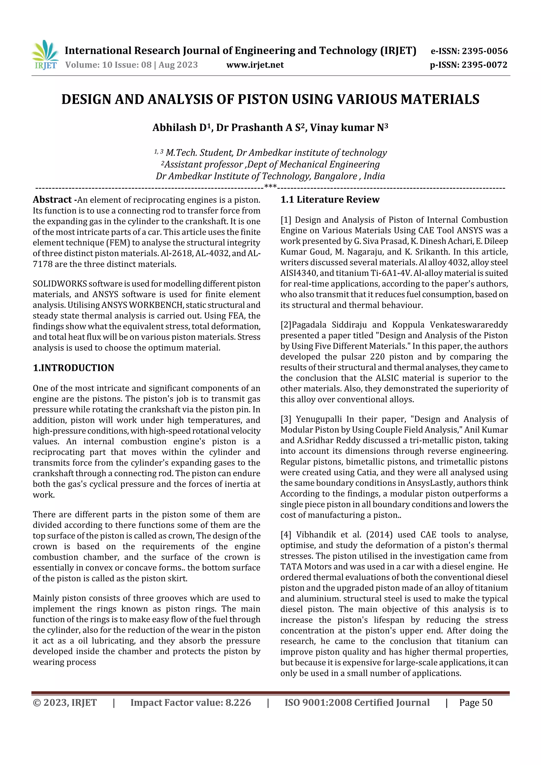 DESIGN AND ANALYSIS OF PISTON USING VARIOUS MATERIALS | PDF