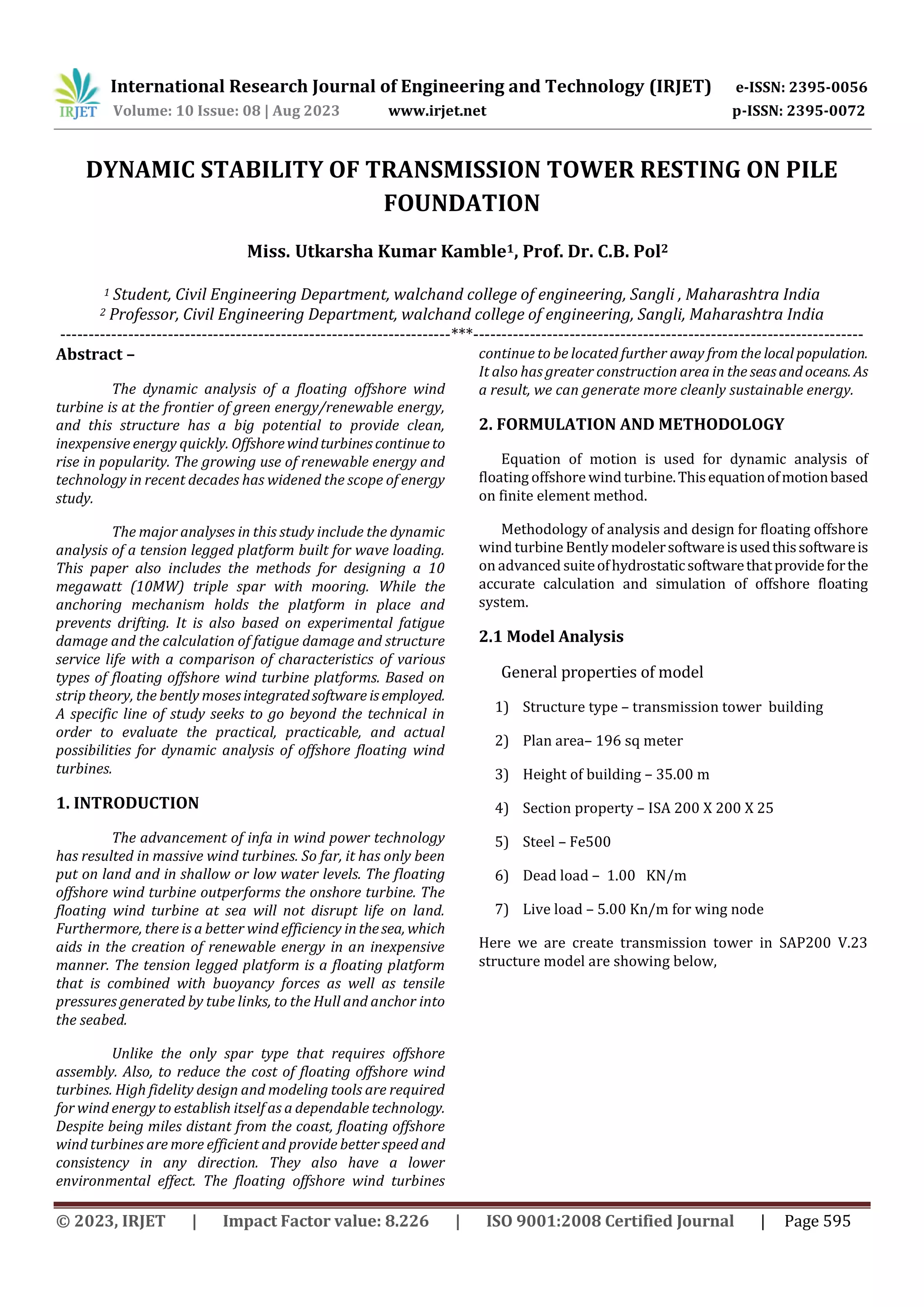 DYNAMIC STABILITY OF TRANSMISSION TOWER RESTING ON PILE FOUNDATION | PDF