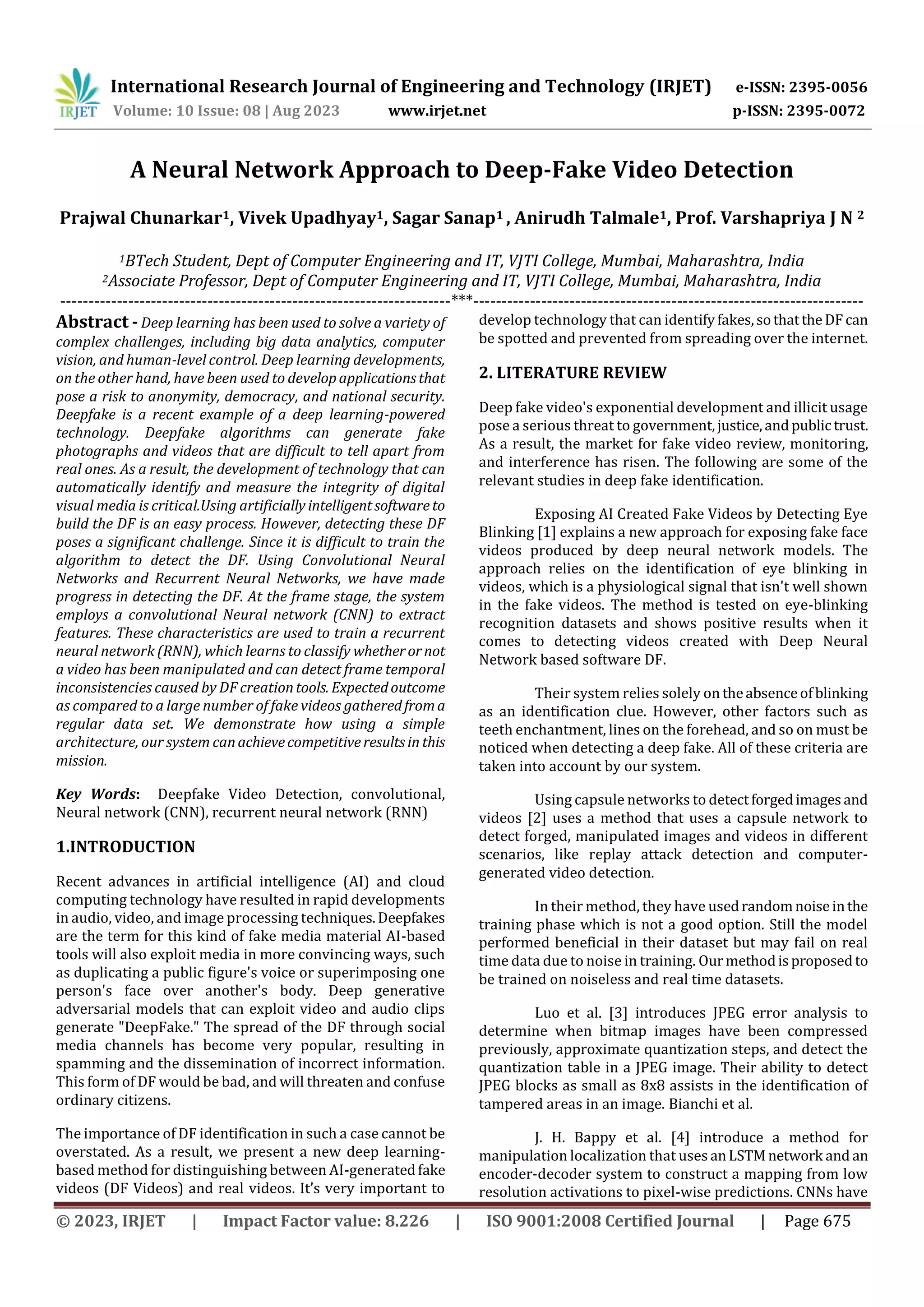 A Neural Network Approach to Deep-Fake Video Detection | PDF