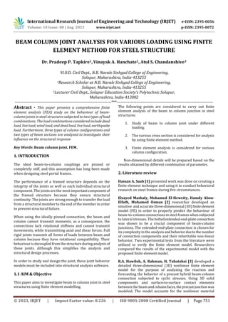 BEAM COLUMN JOINT ANALYSIS FOR VARIOUS LOADING USING FINITE ELEMENT METHOD FOR STEEL STRUCTURE ...