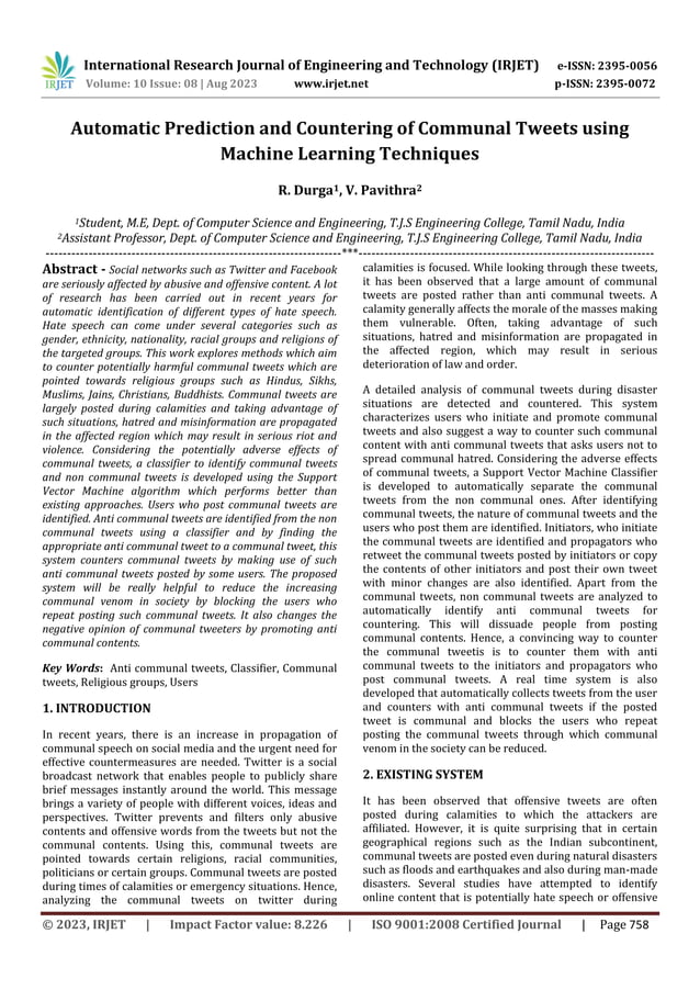 Automatic Prediction and Countering of Communal Tweets using Machine Learning Techniques | PDF