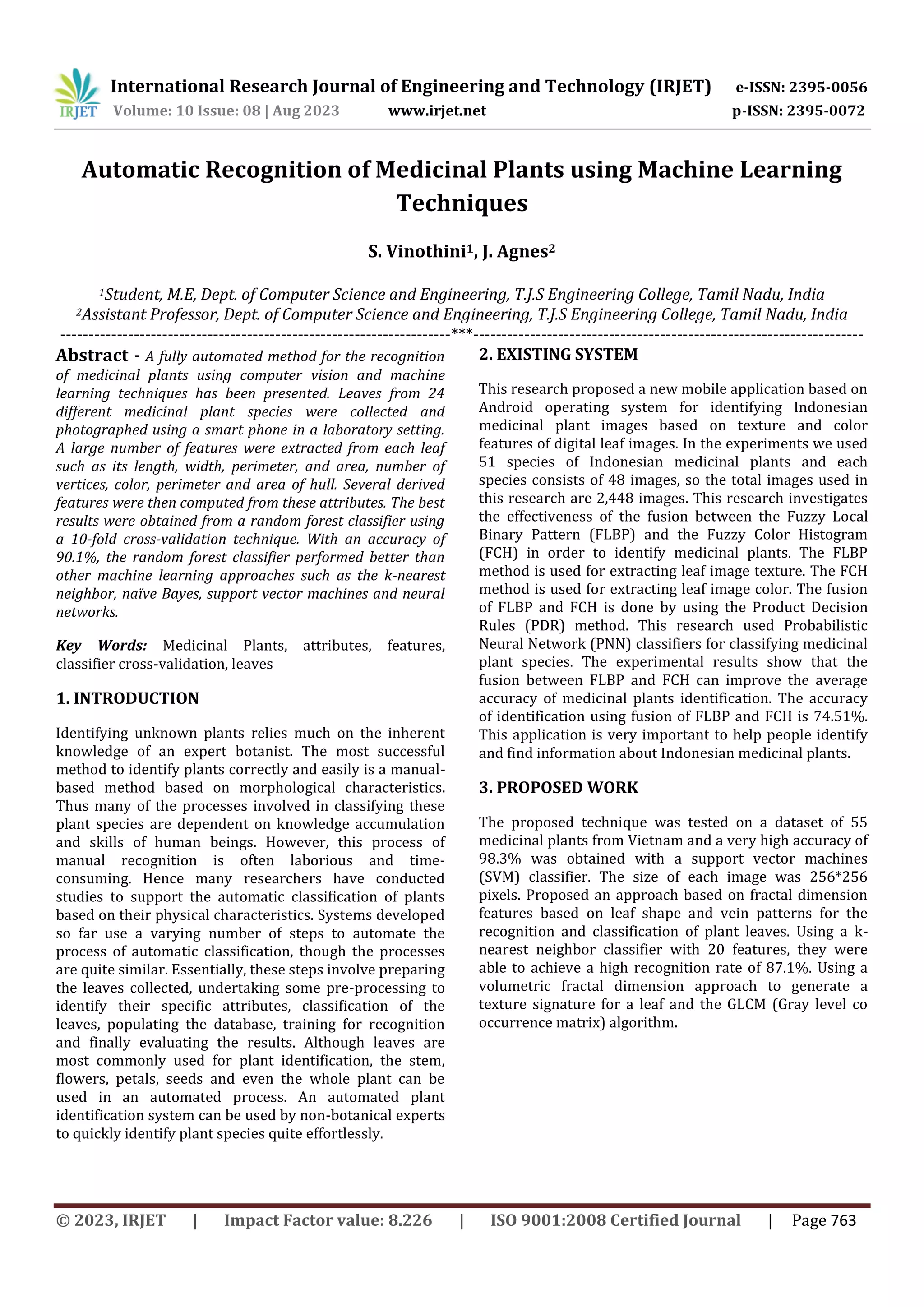 Automatic Recognition Of Medicinal Plants Using Machine Learning Techniques Pdf