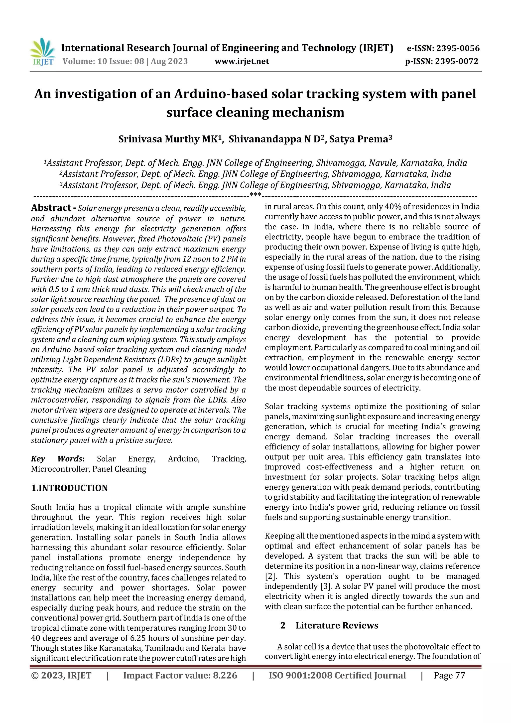An investigation of an Arduino-based solar tracking system with panel surface cleaning mechanism ...