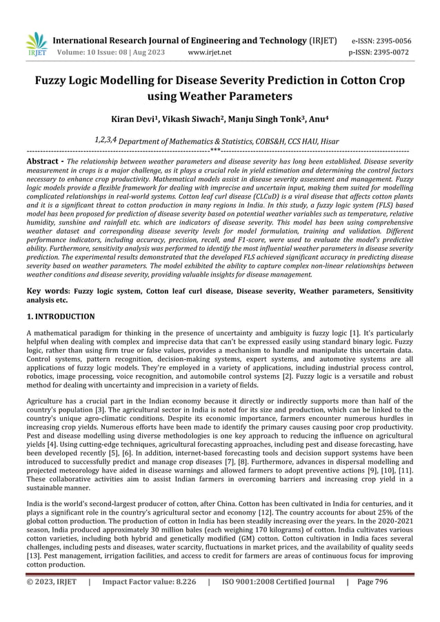 Fuzzy Logic Modelling For Disease Severity Prediction In Cotton Crop