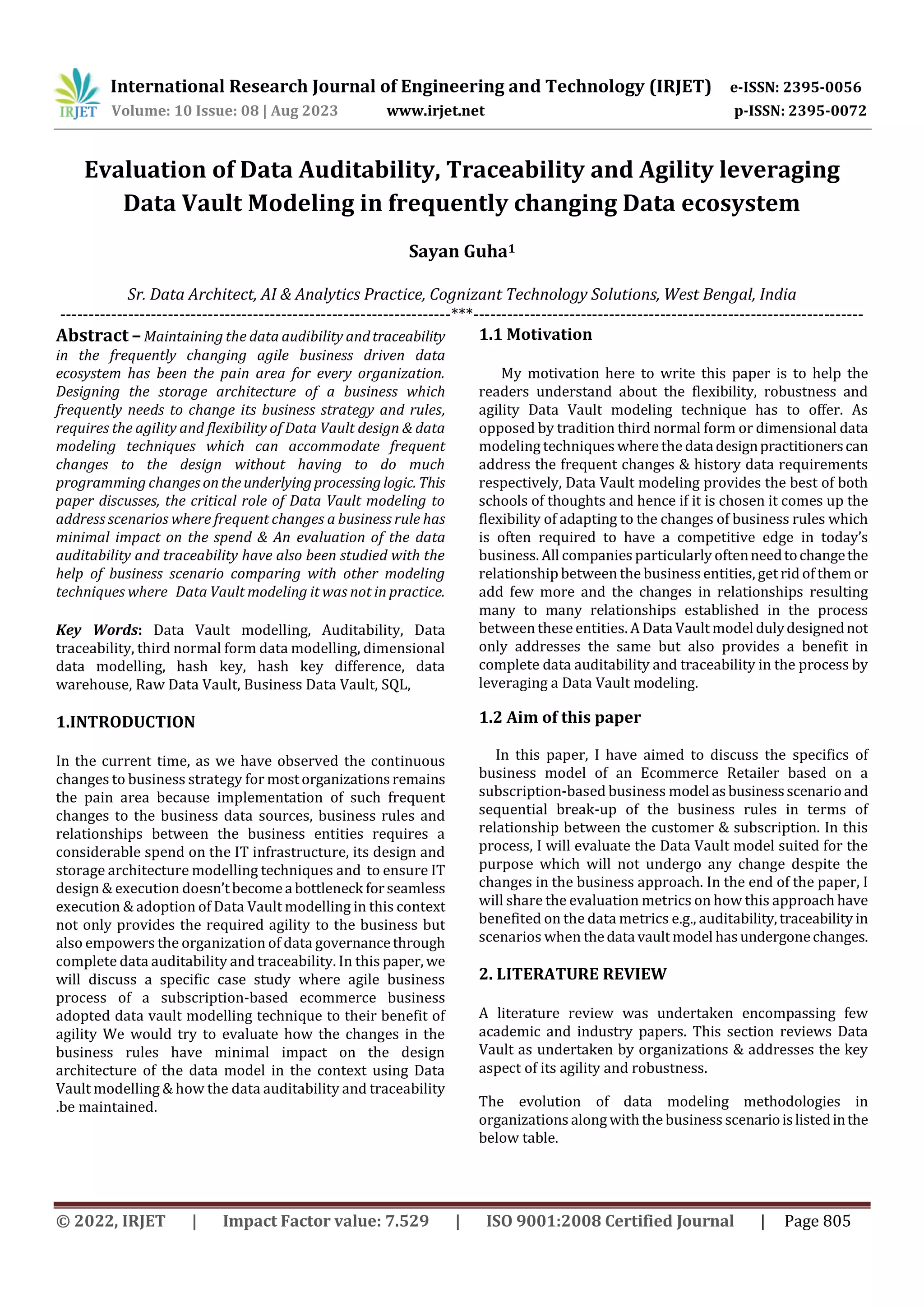 Evaluation of Data Auditability, Traceability and Agility leveraging Data Vault Modeling in ...