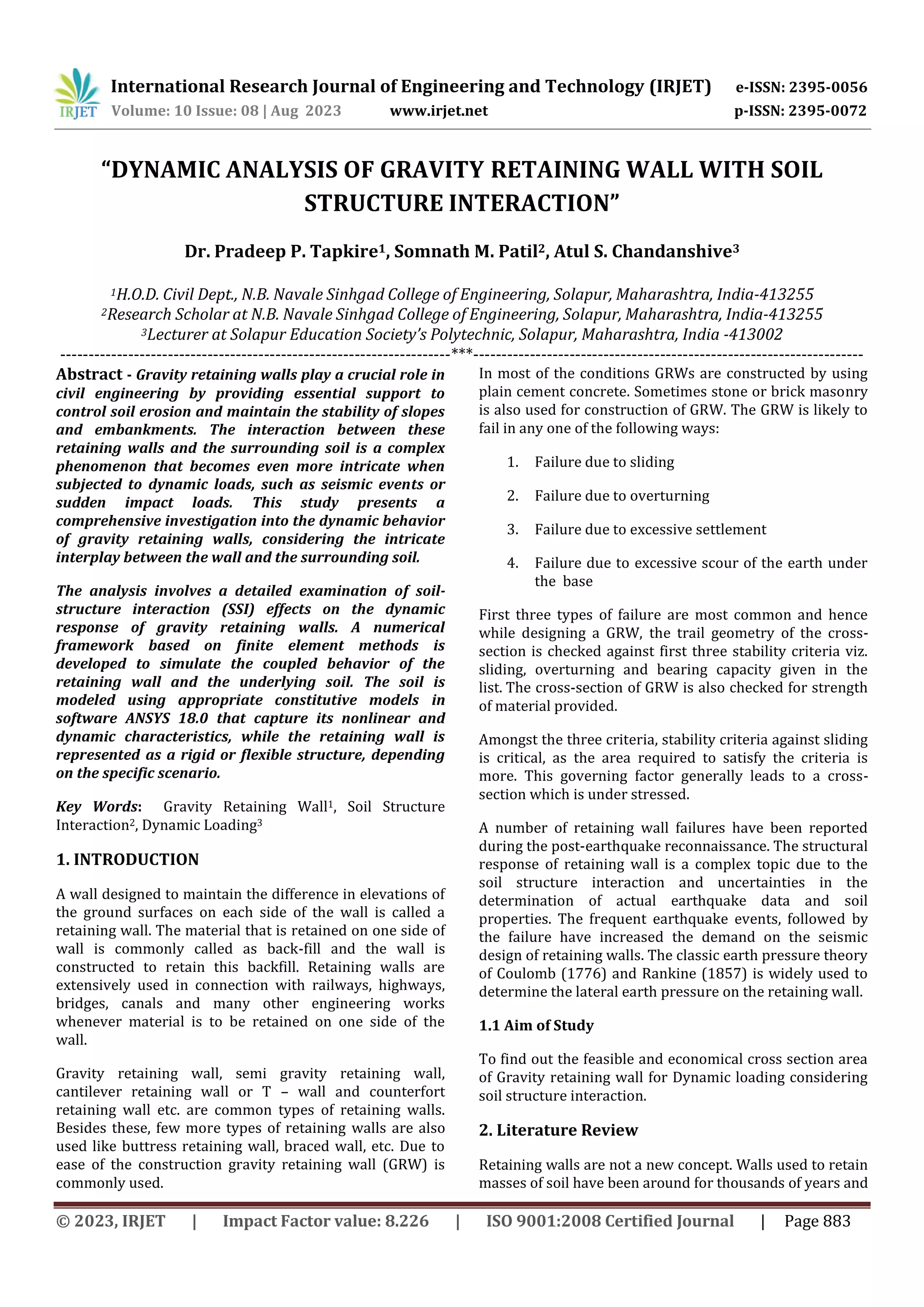 “DYNAMIC ANALYSIS OF GRAVITY RETAINING WALL WITH SOIL STRUCTURE ...