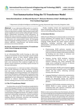 Text Summarization Using the T5 Transformer Model | PDF