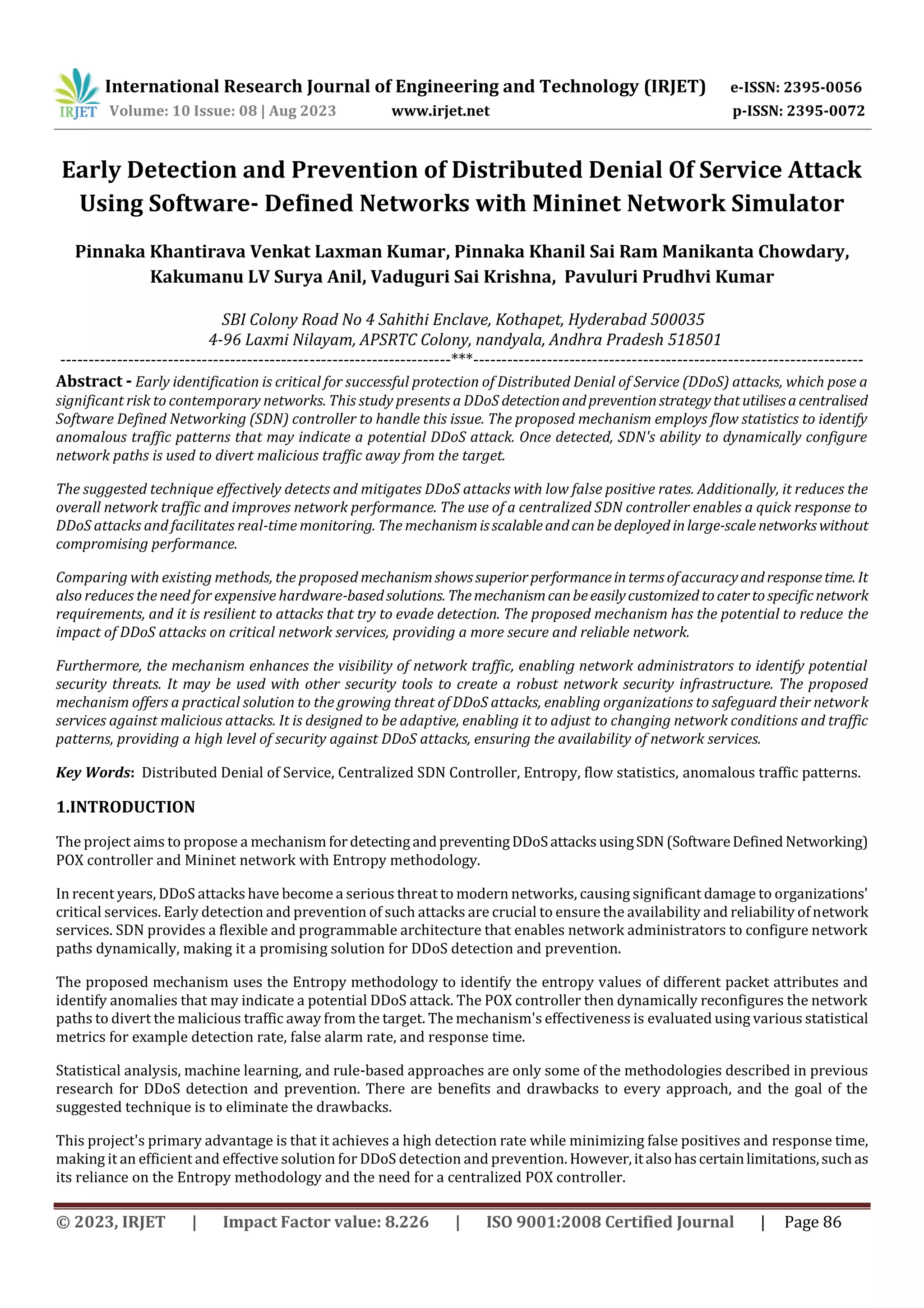 Early Detection And Prevention Of Distributed Denial Of Service Attack Using Software Defined