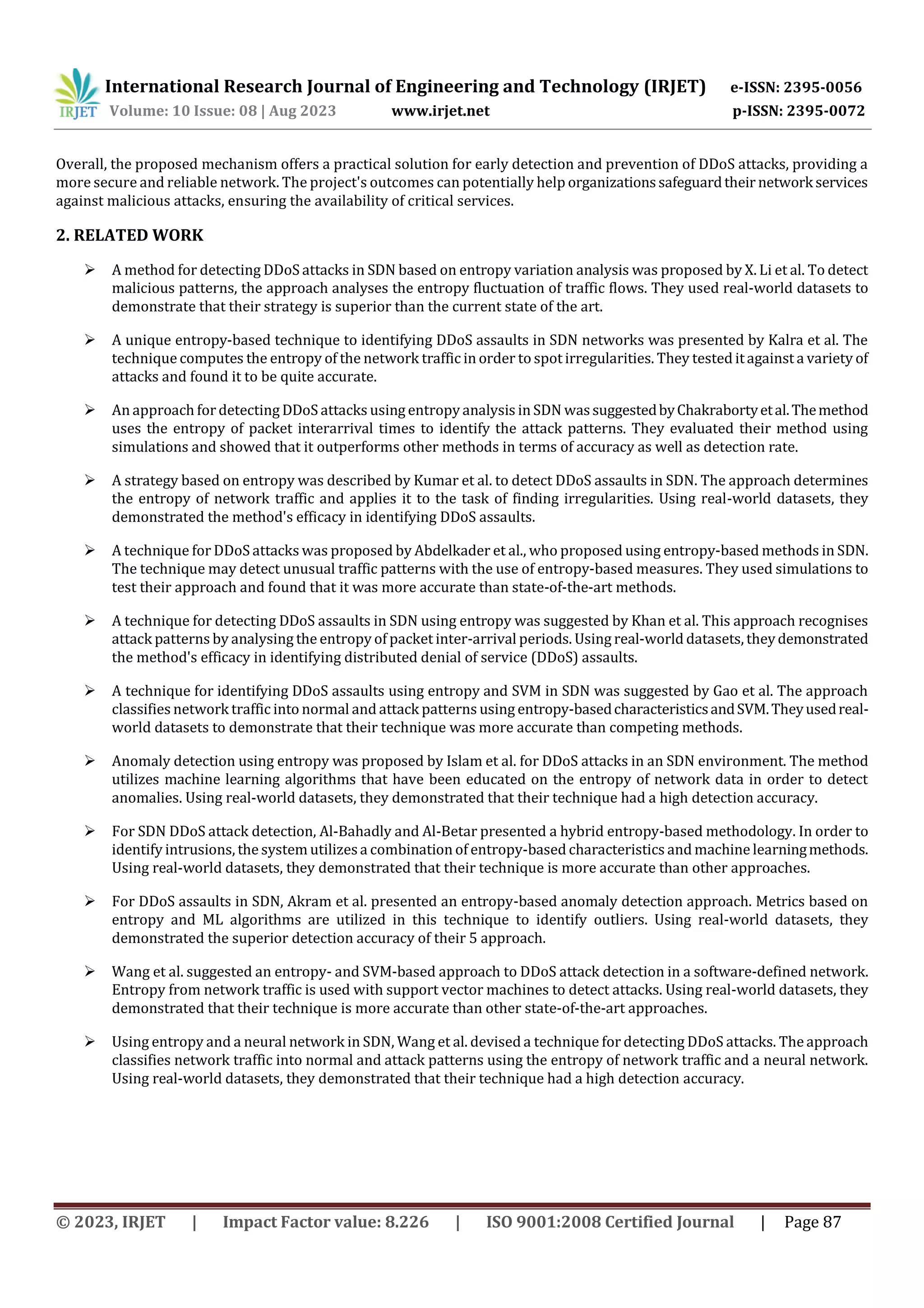 Early Detection And Prevention Of Distributed Denial Of Service Attack Using Software Defined