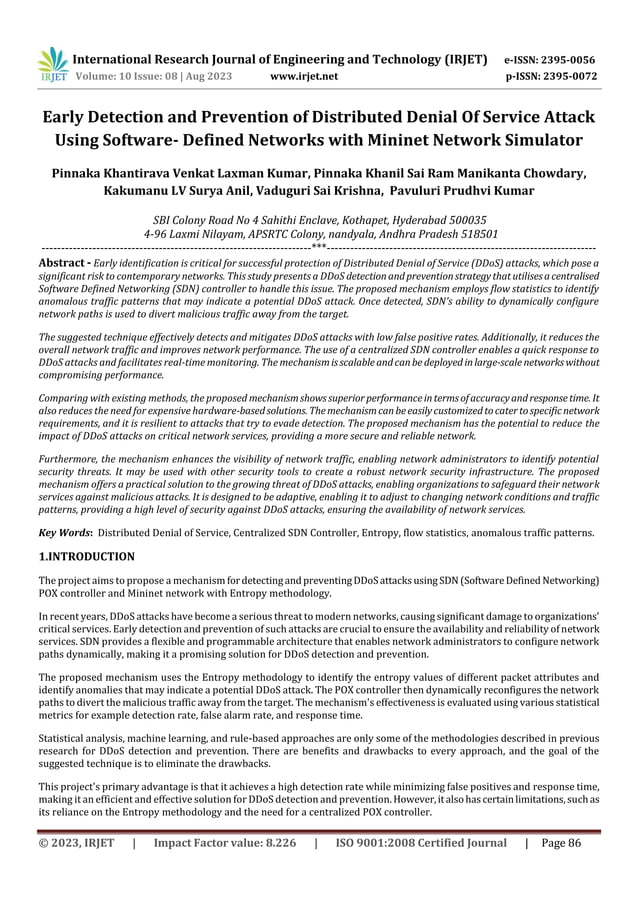 Early Detection and Prevention of Distributed Denial Of Service Attack Using Software- Defined ...
