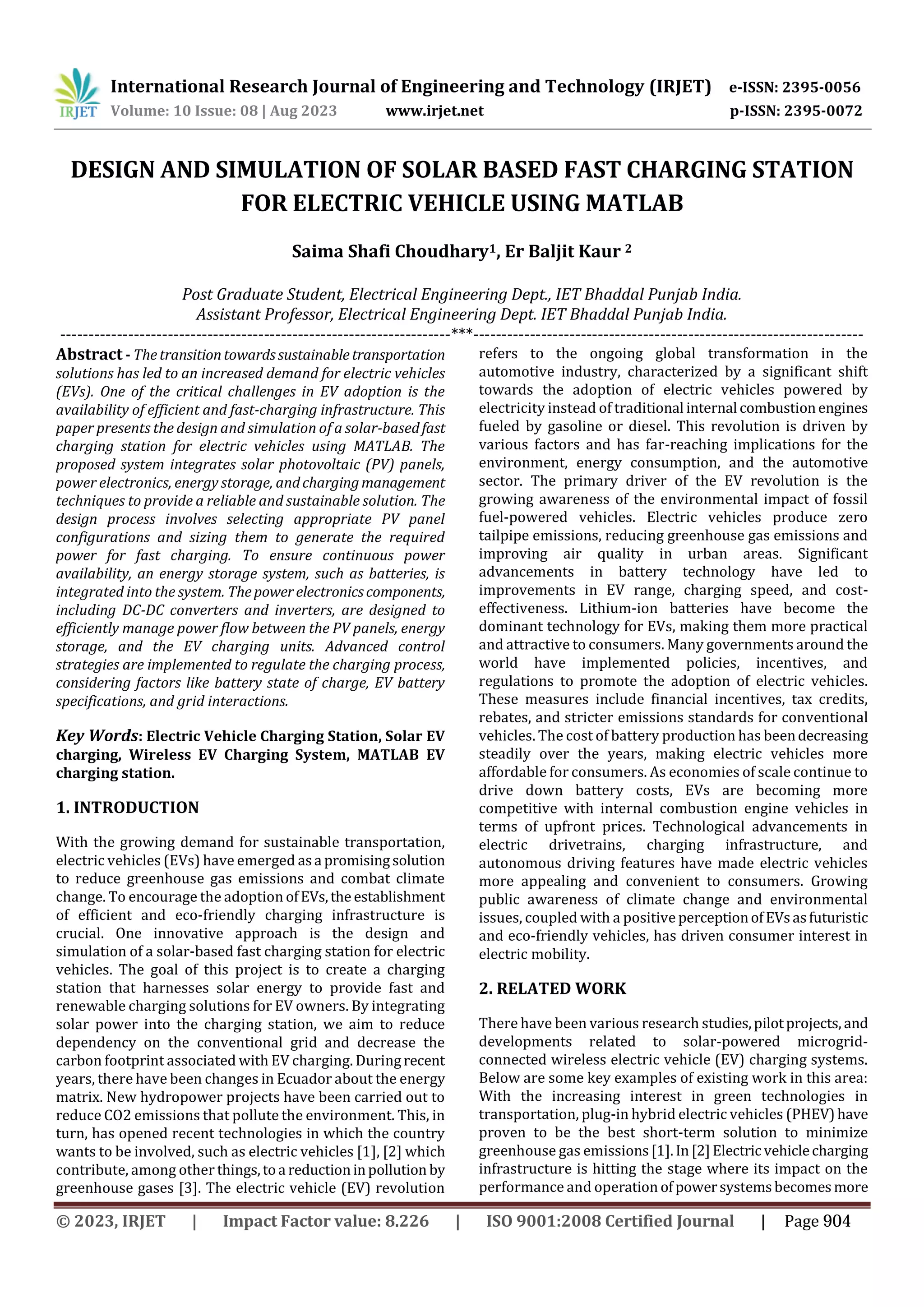 DESIGN AND SIMULATION OF SOLAR BASED FAST CHARGING STATION FOR ELECTRIC ...