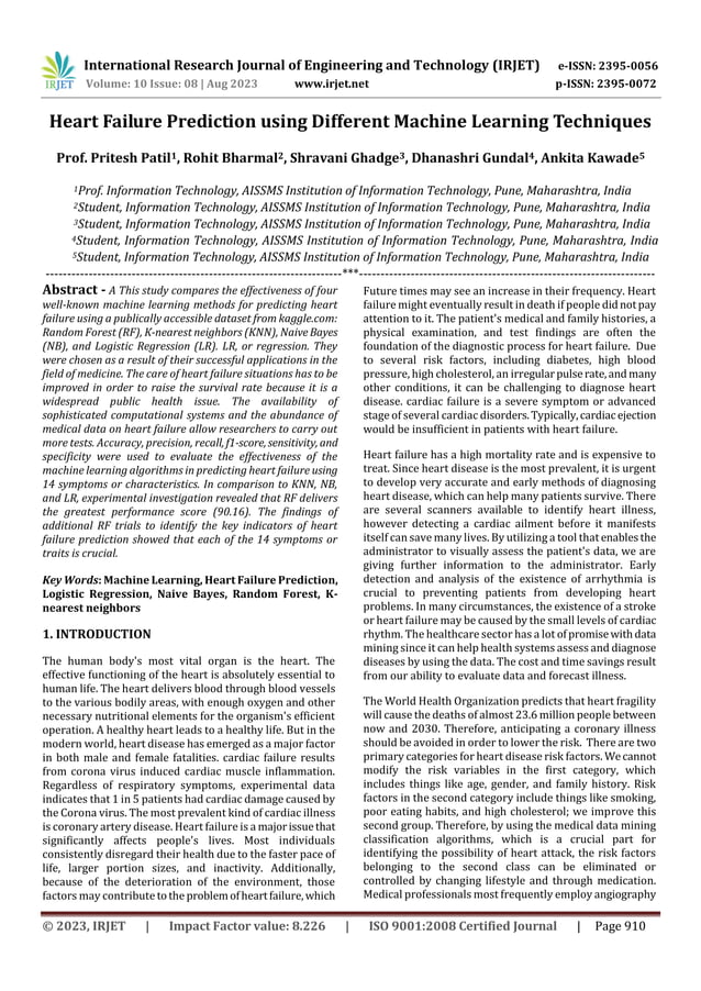 Heart Failure Prediction using Different Machine Learning Techniques | PDF