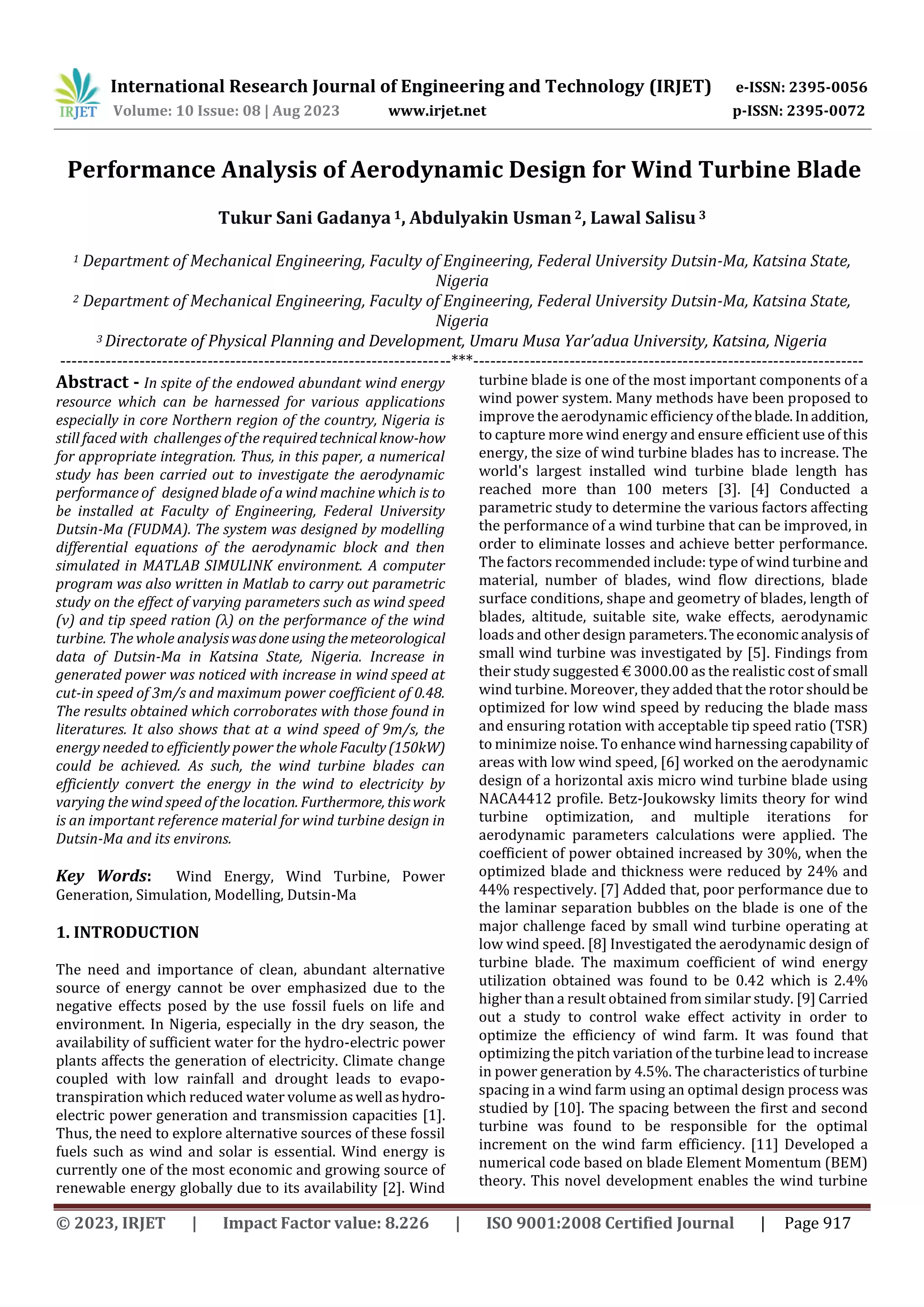 Performance Analysis of Aerodynamic Design for Wind Turbine Blade | PDF