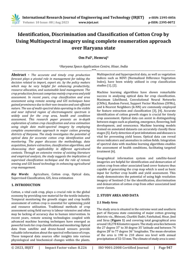 Identification, Discrimination and Classification of Cotton Crop by Using Multispectral imagery ...
