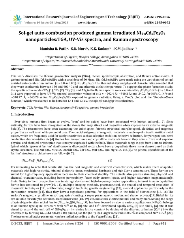 Sol-gel auto-combustion produced gamma irradiated Ni1-xCdxFe2O4 nanoparticles:TGA, UV-Vis ...