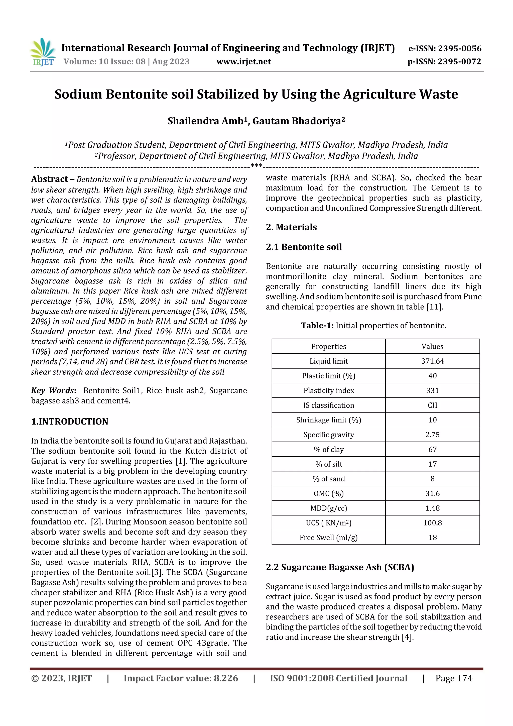 Sodium Bentonite soil Stabilized by Using the Agriculture Waste | PDF