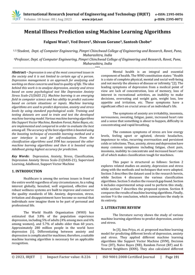 Mental Illness Prediction using Machine Learning Algorithms | PDF | Mental Health | Diseases and ...