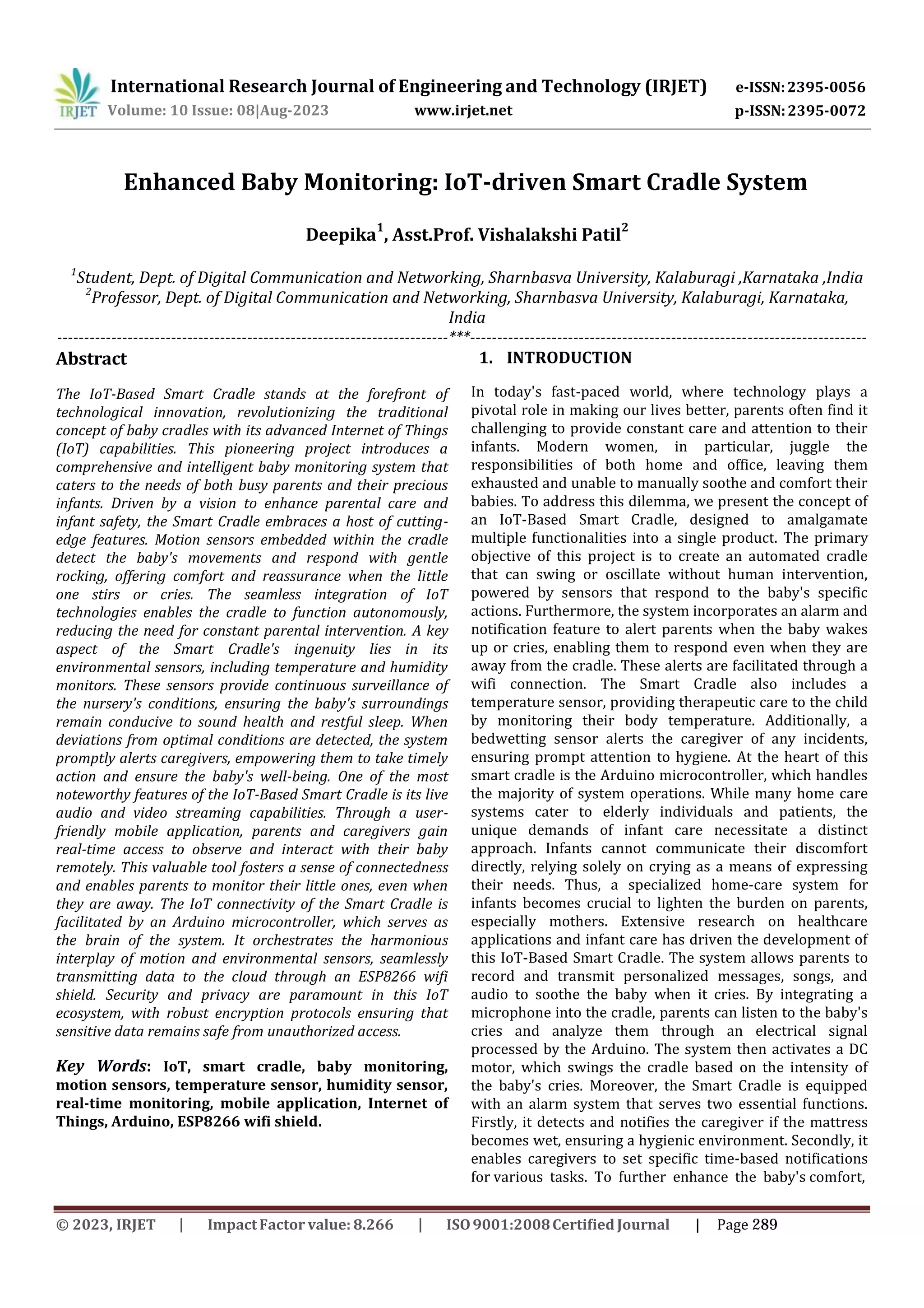 Enhanced Baby Monitoring: IoT-driven Smart Cradle System | PDF