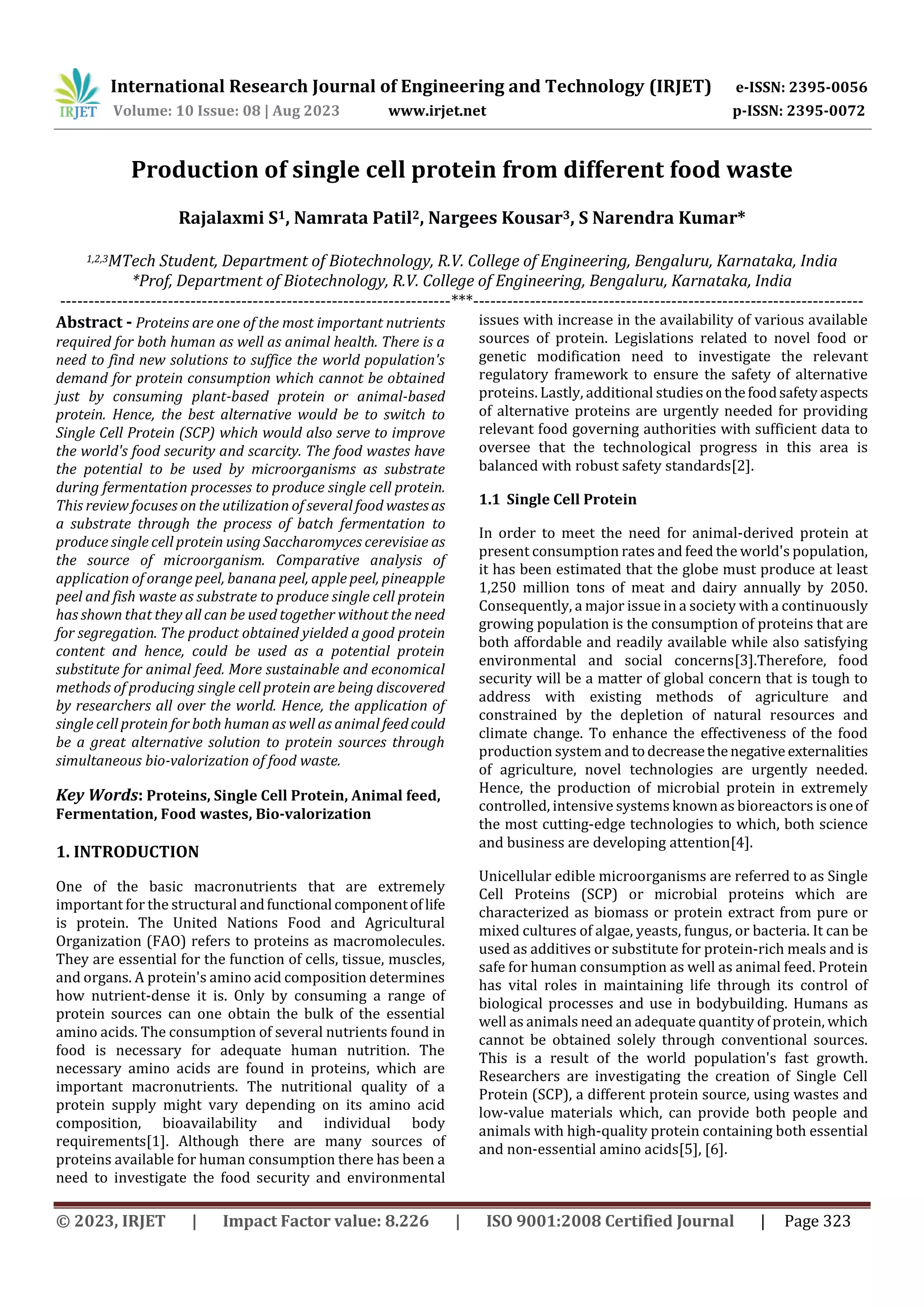 Production of single cell protein from different food waste | PDF