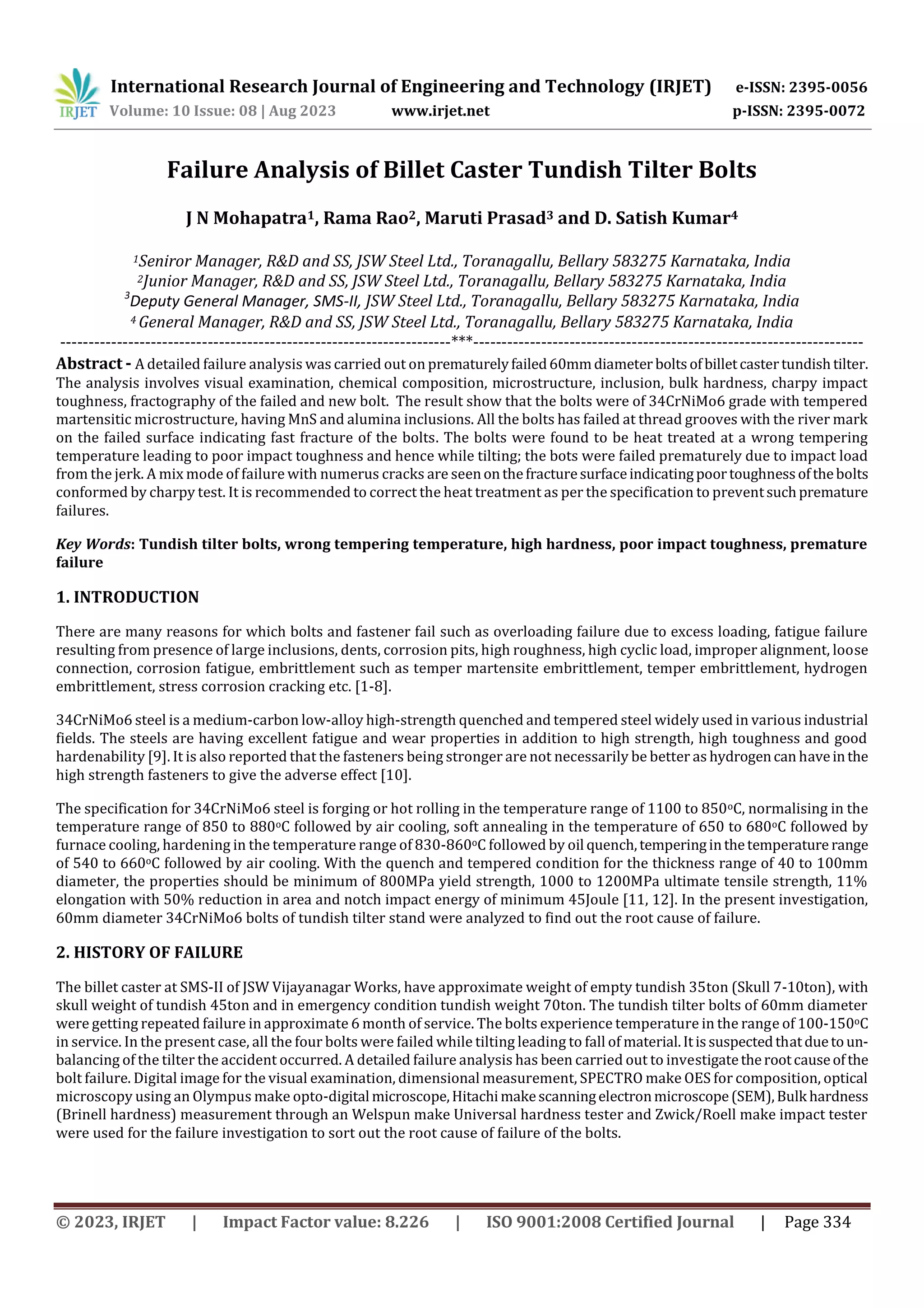 Failure Analysis of Billet Caster Tundish Tilter Bolts | PDF