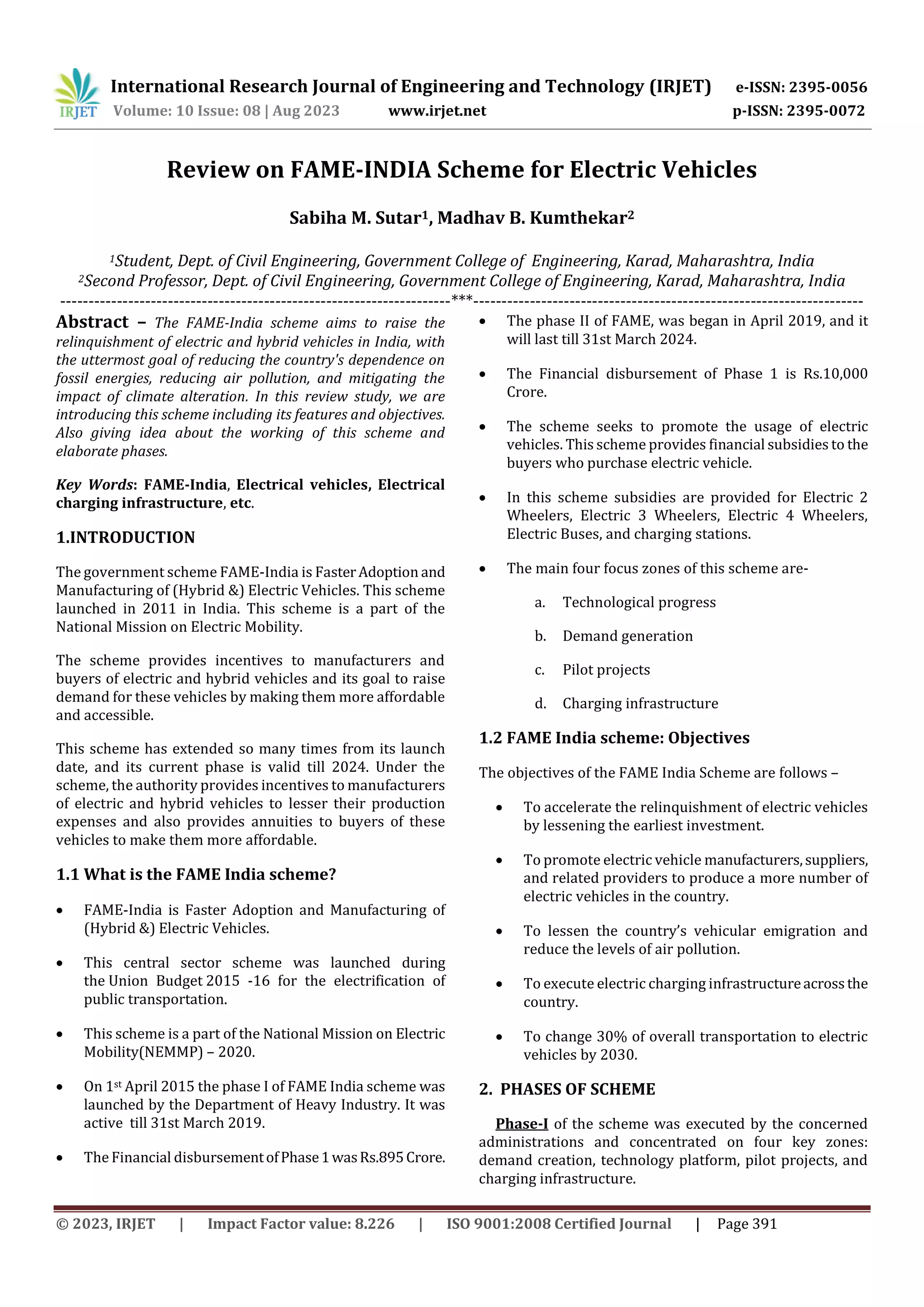 Review on FAME-INDIA Scheme for Electric Vehicles | PDF
